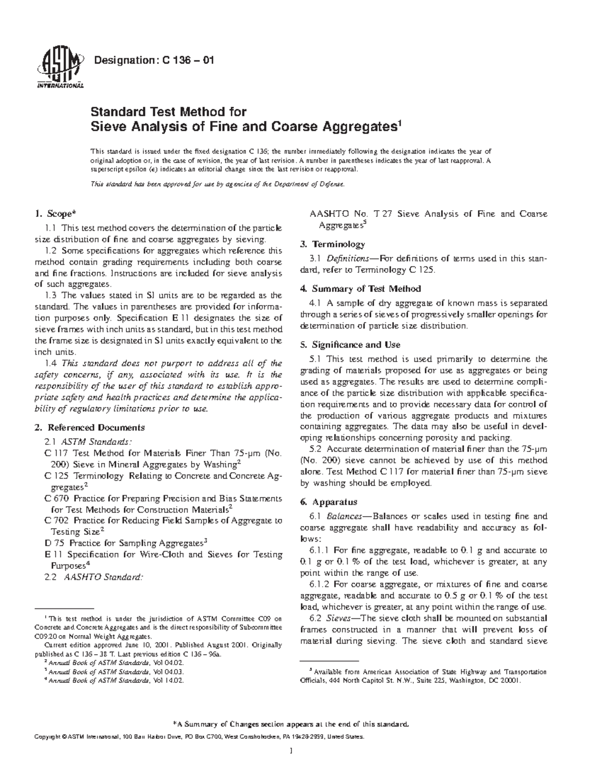 C136 - Astm - Designation: C 136 – 01 Standard Test Method for Sieve ...