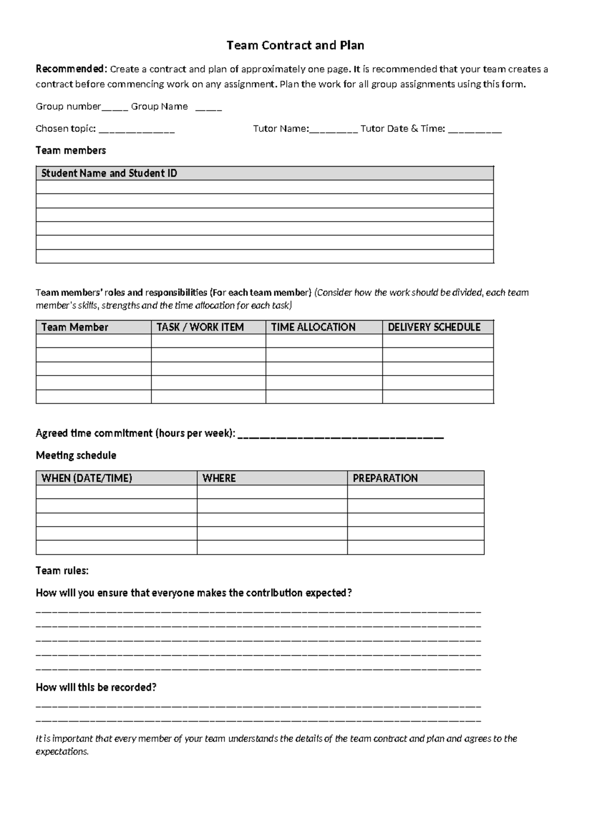 Group Plan and Contract - Team Contract and Plan Recommended: Create a ...