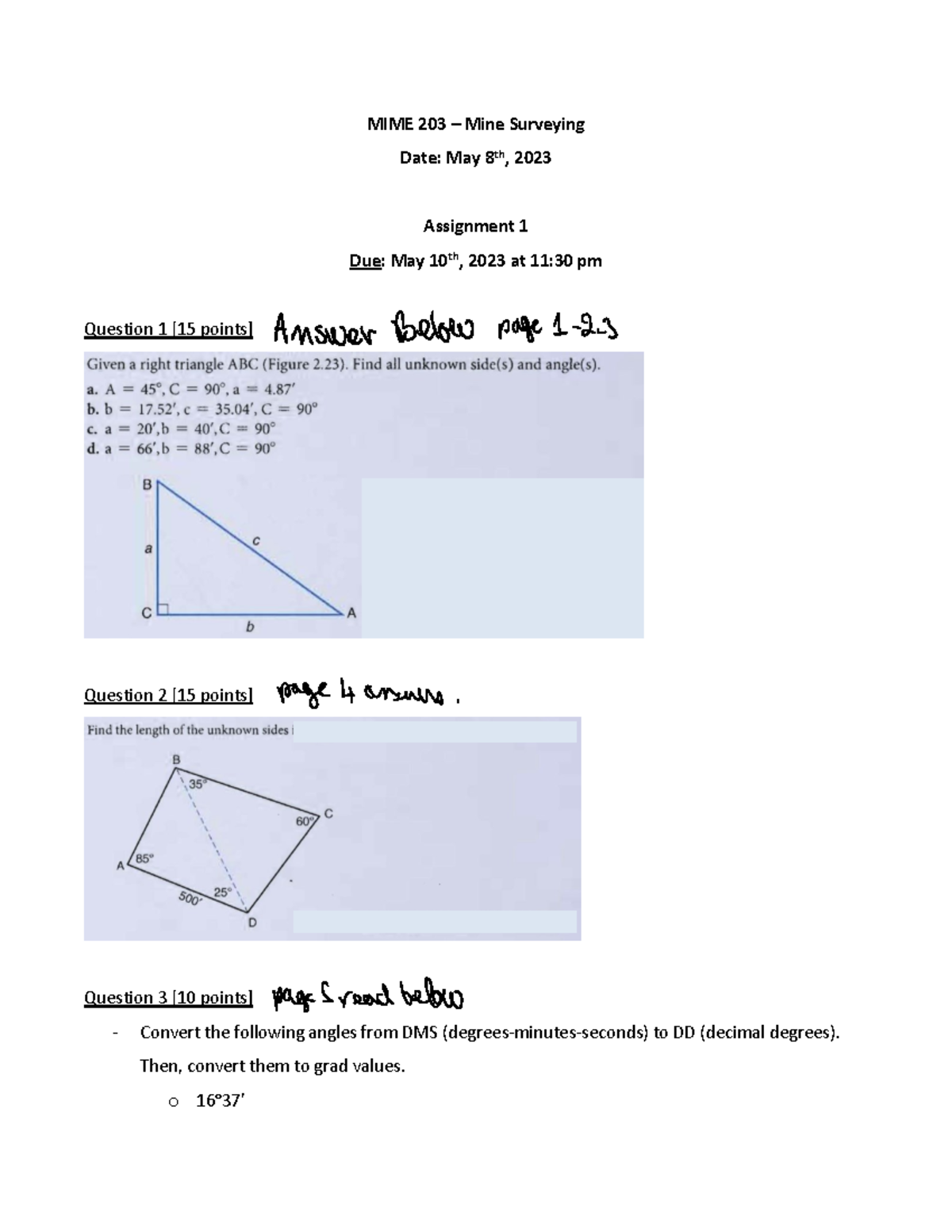 MIME 203-Summer 2023-Assignment 1 - MIME 203 – Mine Surveying Date: May 8th, 2023 Assignment 1 ...