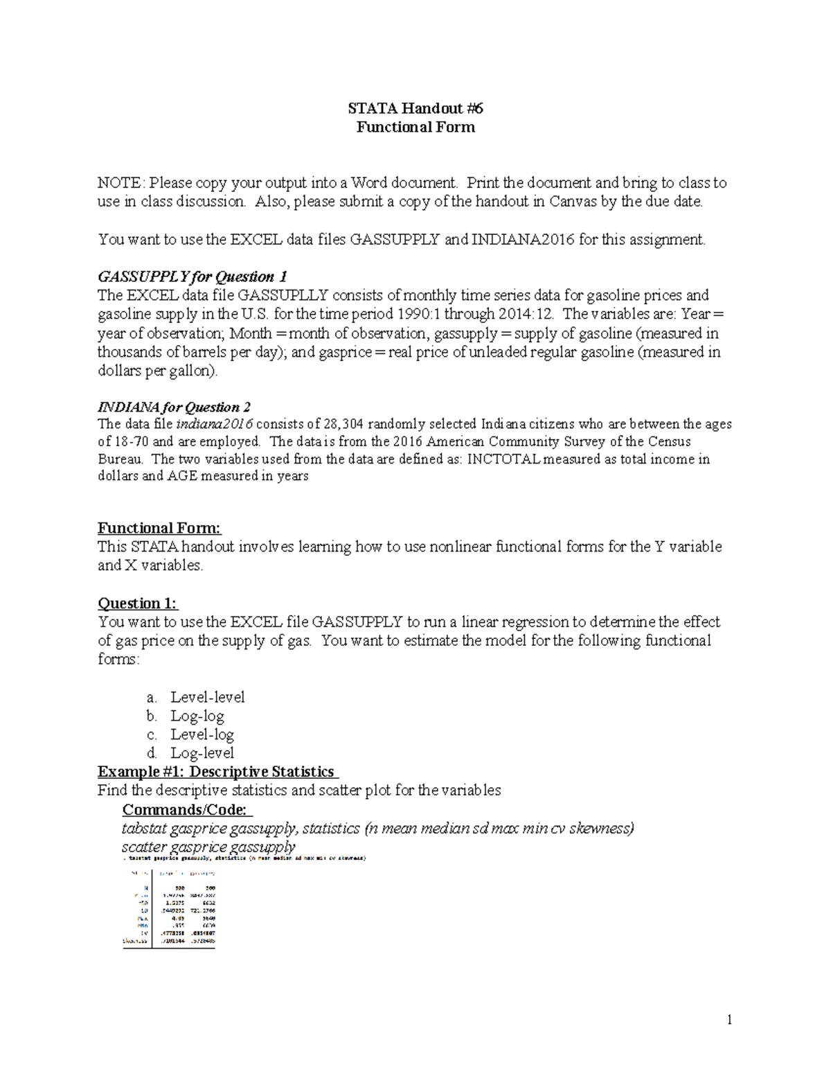 Stata Handout 6 Stata Handout Functional Form Note Please Copy Your Output Into A Word