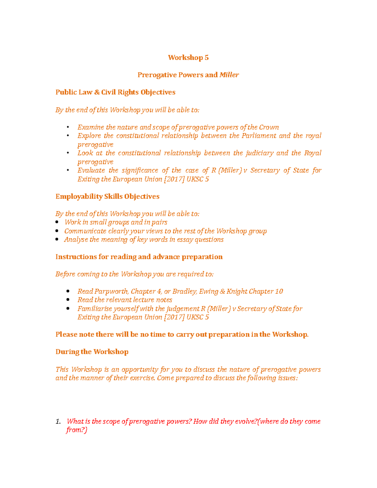 Public Law Workshop 5 - prerogative powers, crown, legal scrutiny ...