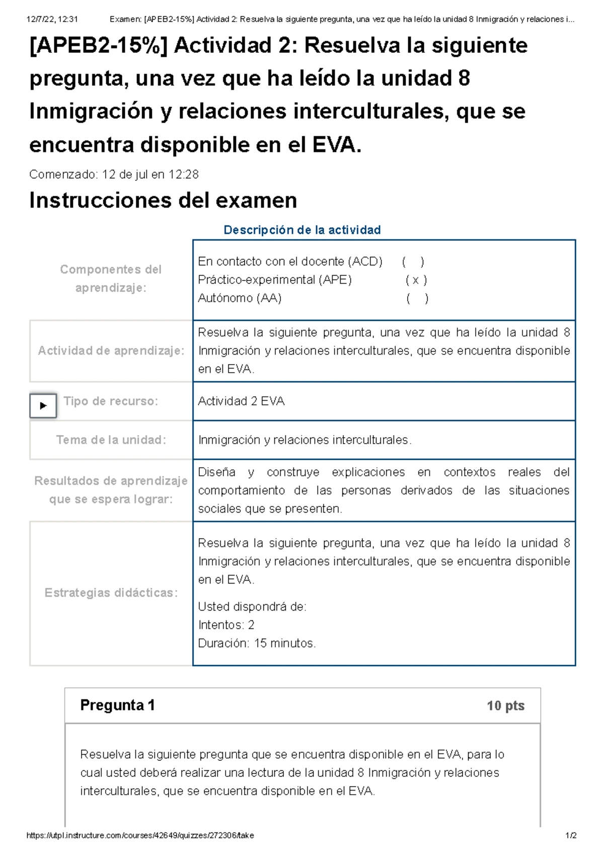 Examen [ACDB 2-20%][SUP 1] Actividad suplementaria Inmigración y ...
