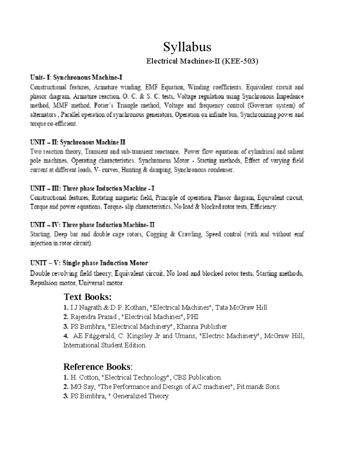 2. Syllabus and Books - Syllabus Electrical Machines-II (KEE-503) Text ...
