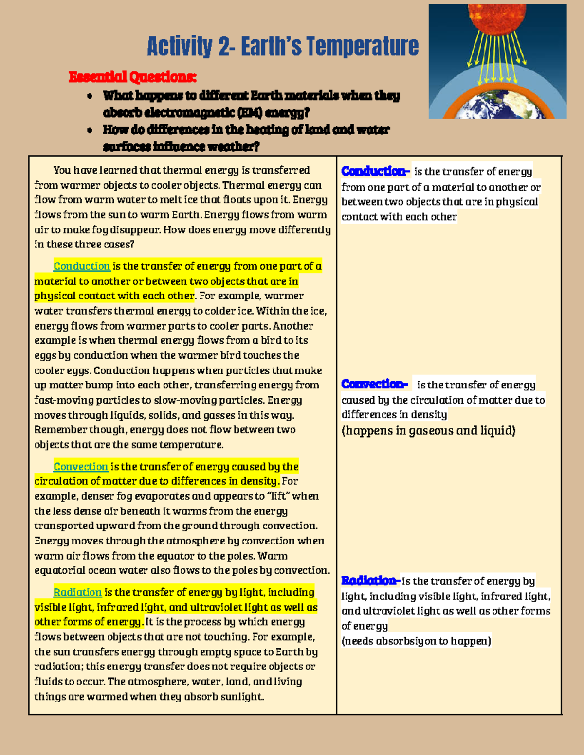 Activity 2 earths temperature note sheet - 11235555 - Activity 2- Earth ...