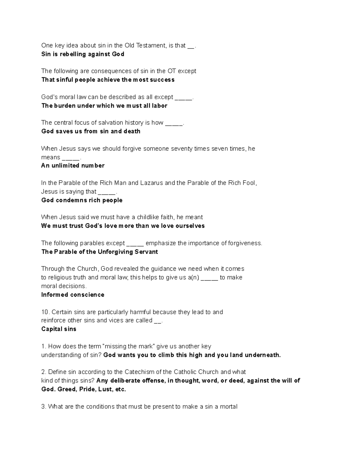 Religion review - One key idea about sin in the Old Testament, is that ...