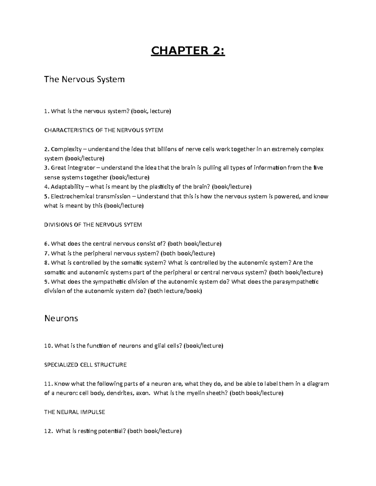 Ch 2 Study Guide - Lecture notes 1-10 - CHAPTER 2: The Nervous System ...