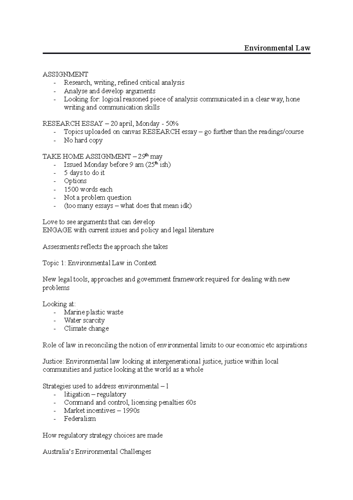 Environmental Law Notes - Environmental Law ASSIGNMENT Research ...