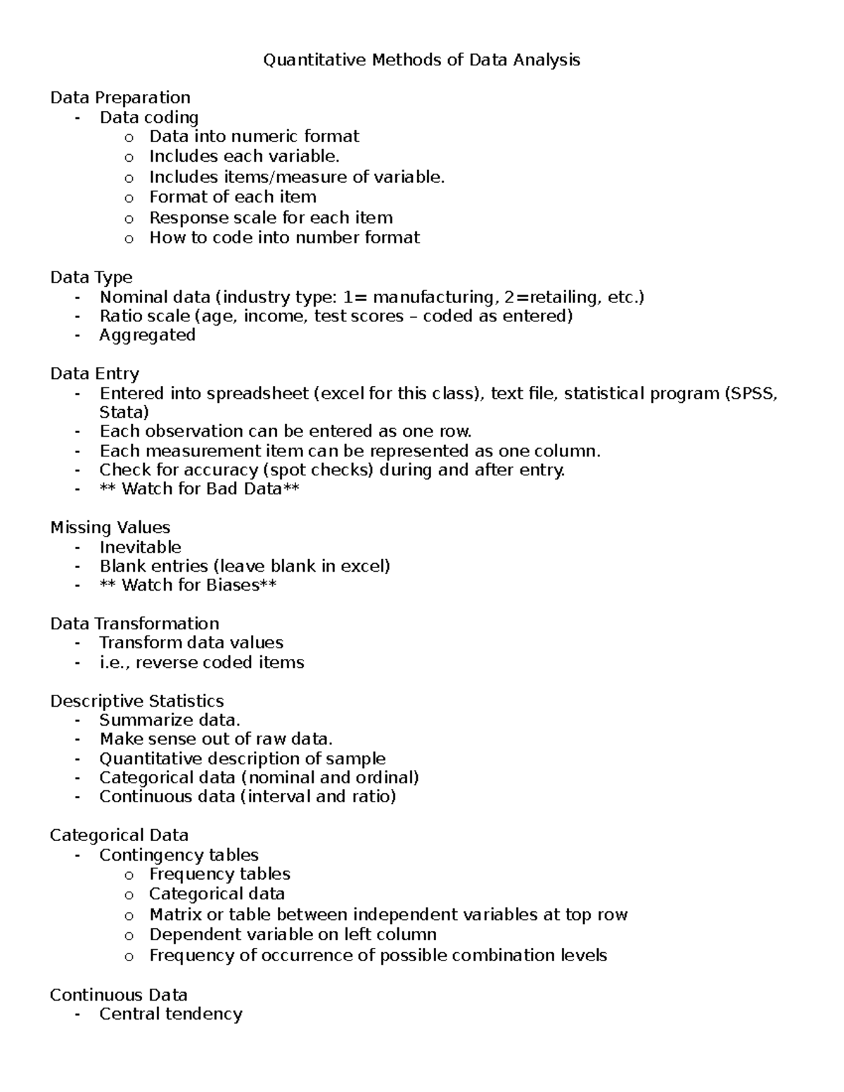 Quantitative Methods of Data Analysis - o Includes items/measure of ...