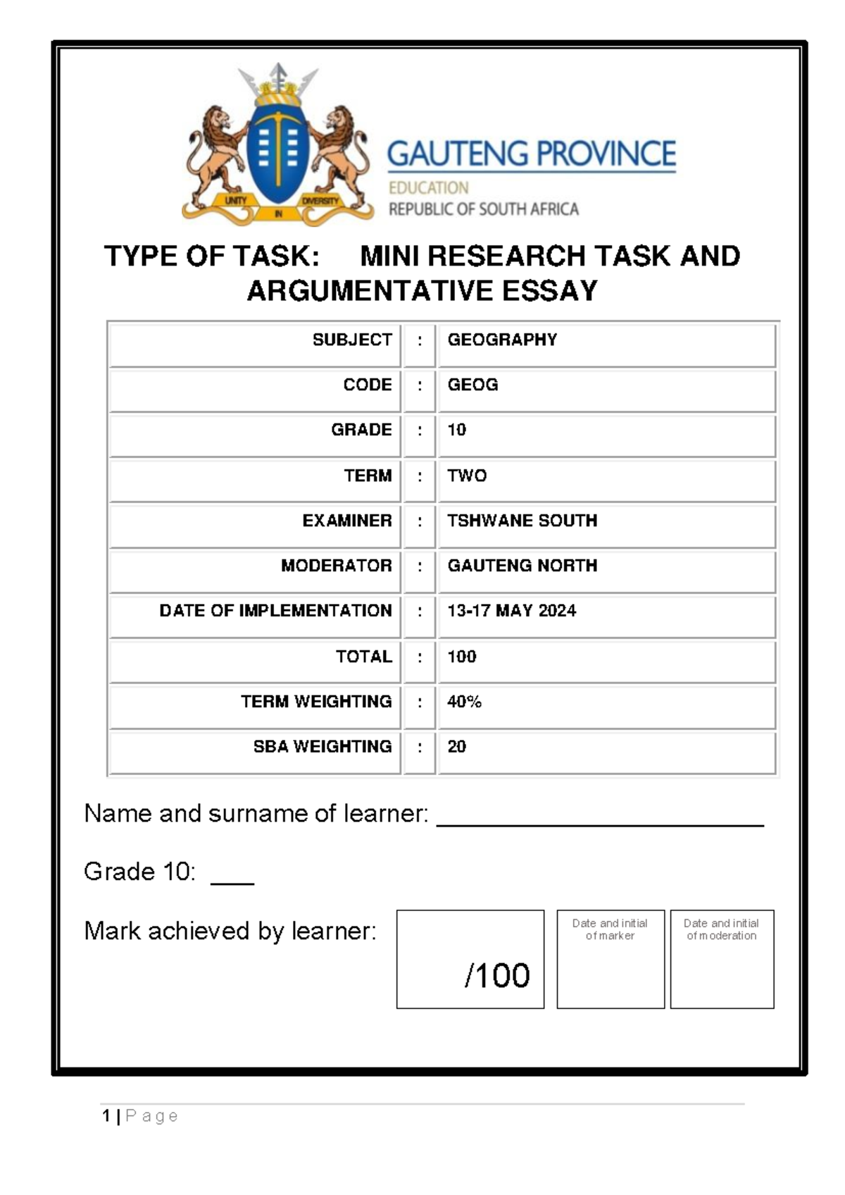 GR 10 Essay Project Based Learning - TYPE OF TASK: MINI RESEARCH TASK ...