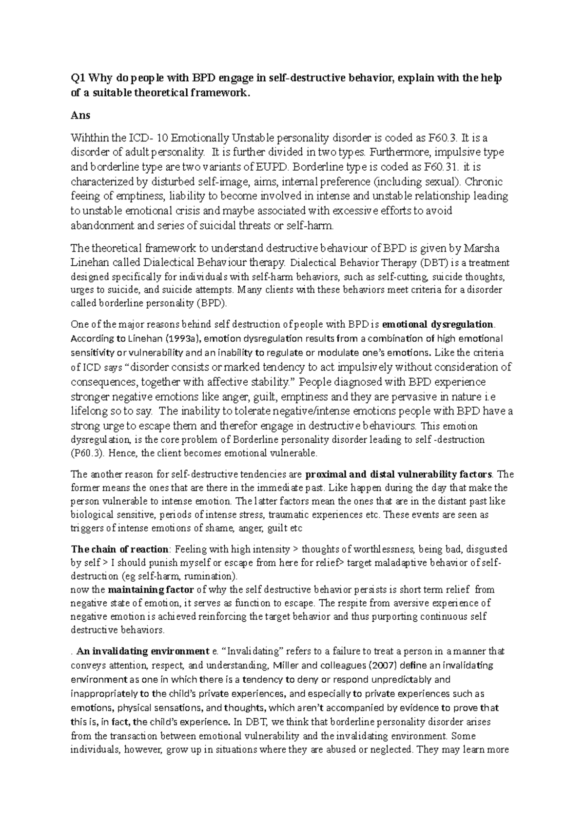 DBT Assignment - notes - Q1 Why do people with BPD engage in self ...
