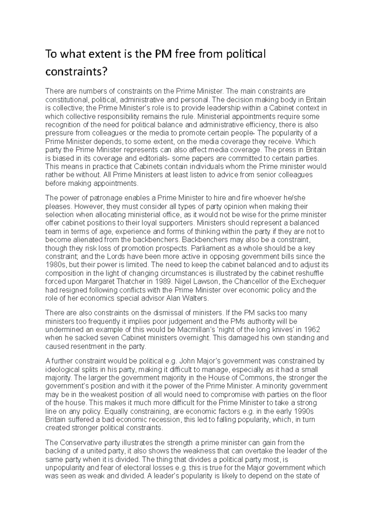 To what extent is the PM free from political constraints - To what ...