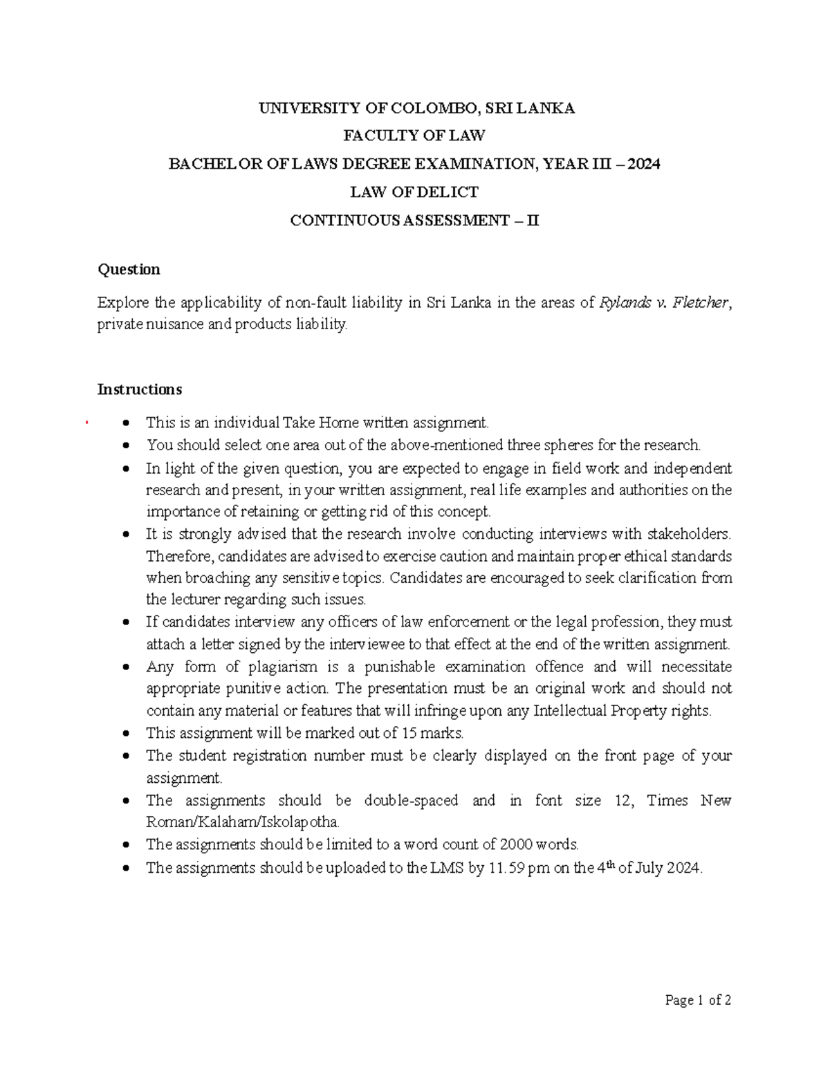 Delict - Assignment II 2024 - Page 1 of 2 UNIVERSITY OF COLOMBO, SRI ...