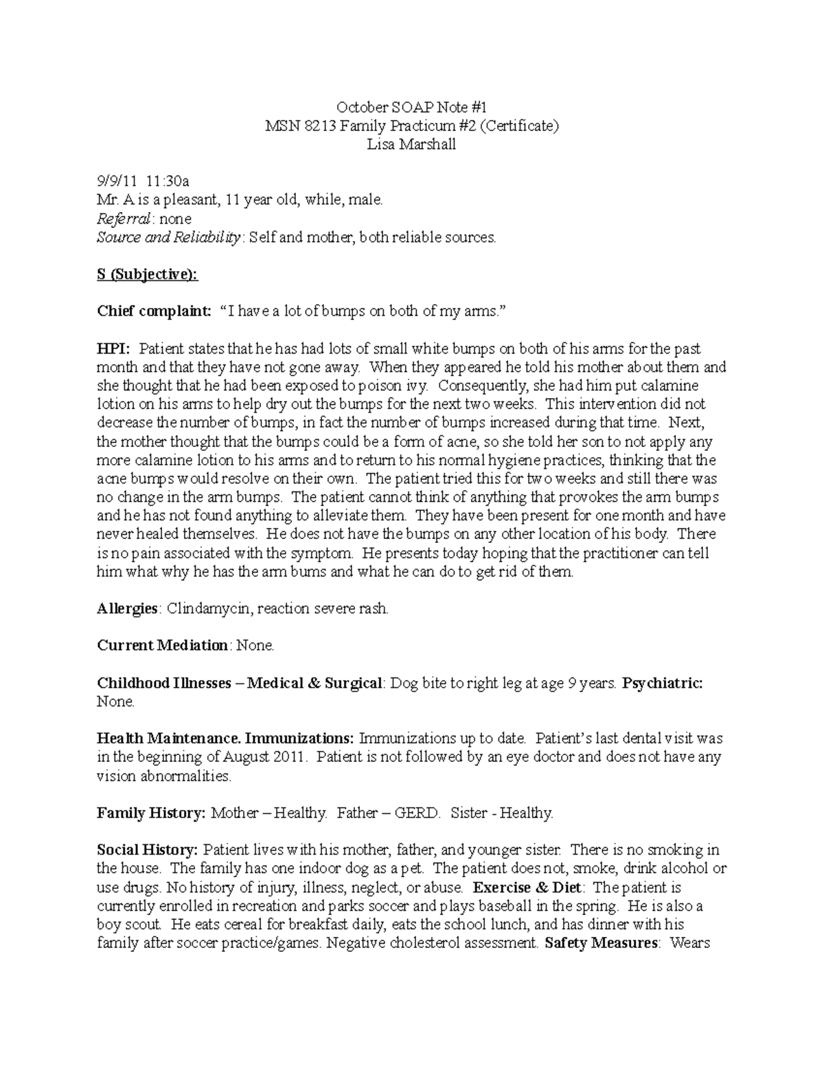 SOAP notes for Toddler - October SOAP Note # MSN 8213 Family Practicum ...