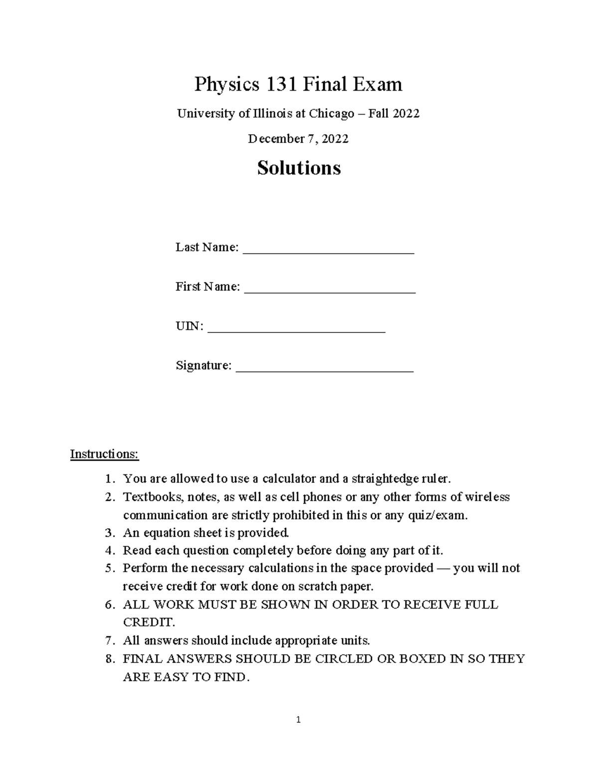 Final Exam (Midterm 3) KEY - Physics 131 Final Exam University of ...