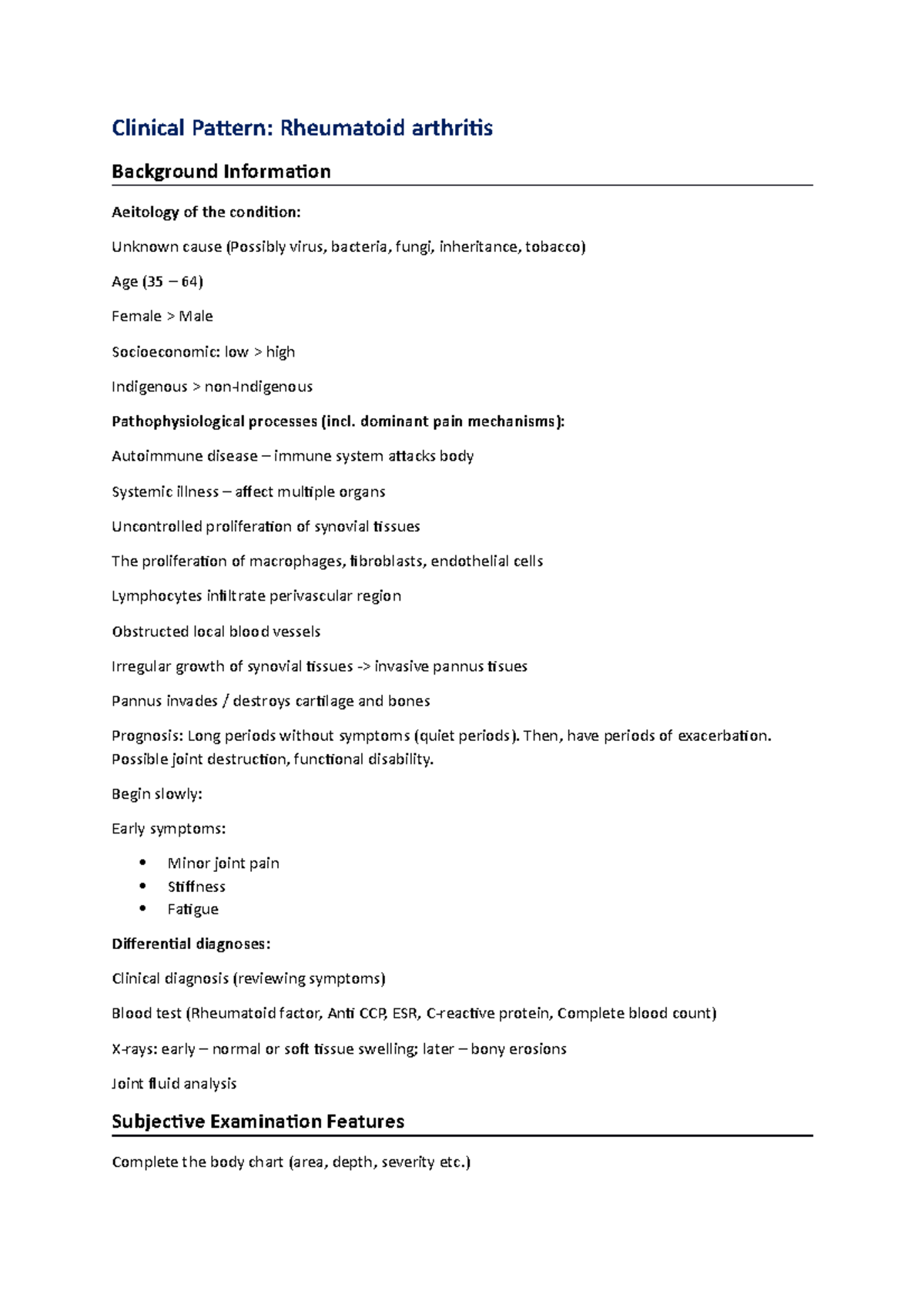 Clinical Pattern Template - RA - Clinical Pattern: Rheumatoid arthritis ...