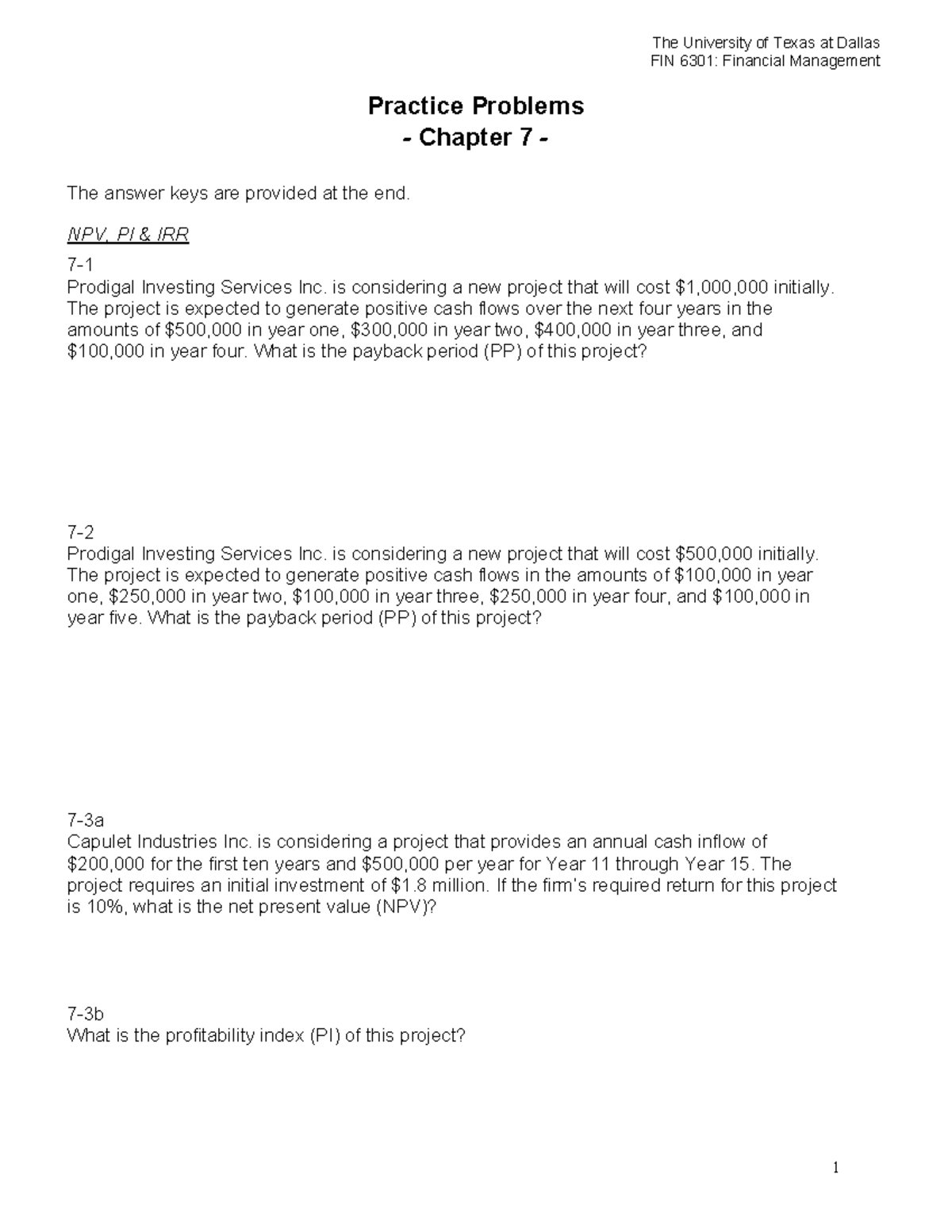 Practice Problems - Chapter 7 - FIN 6301: Financial Management Practice Problems - Chapter 7 ...