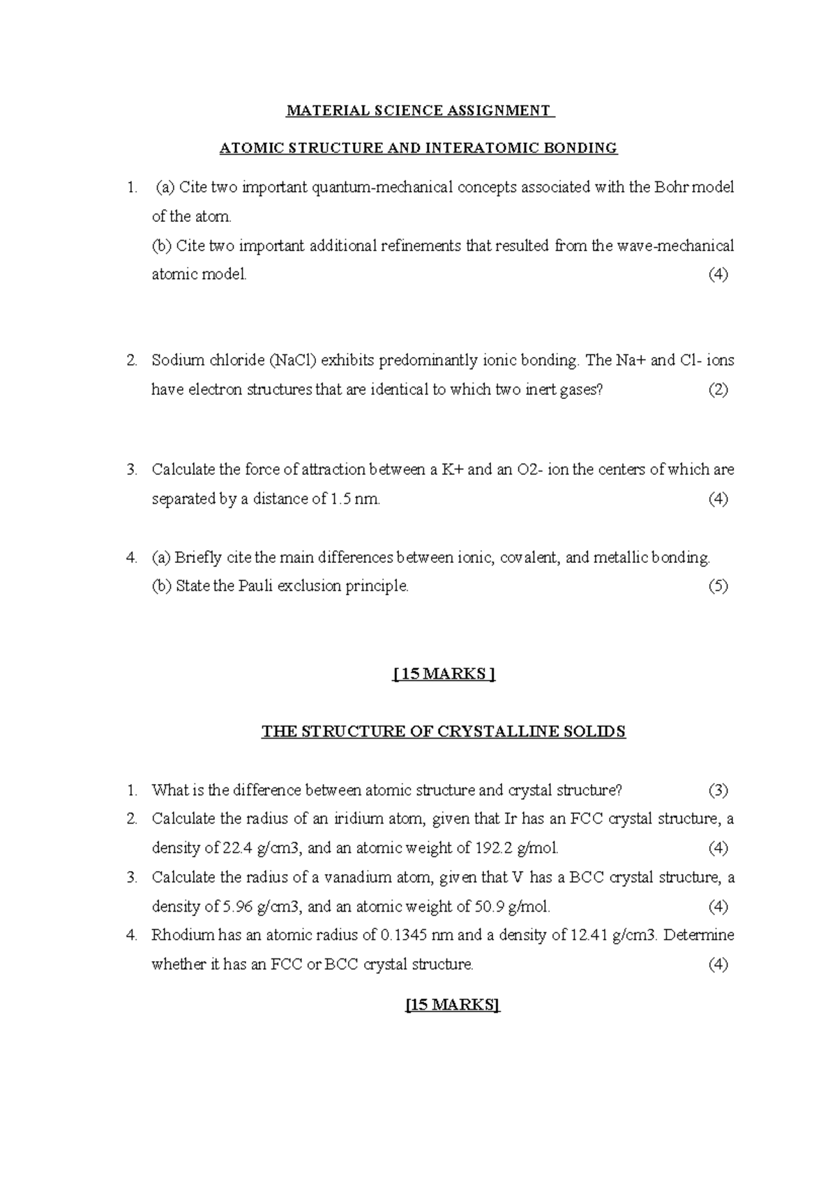 Material Science Assignment ONE - MATERIAL SCIENCE ASSIGNMENT ATOMIC ...
