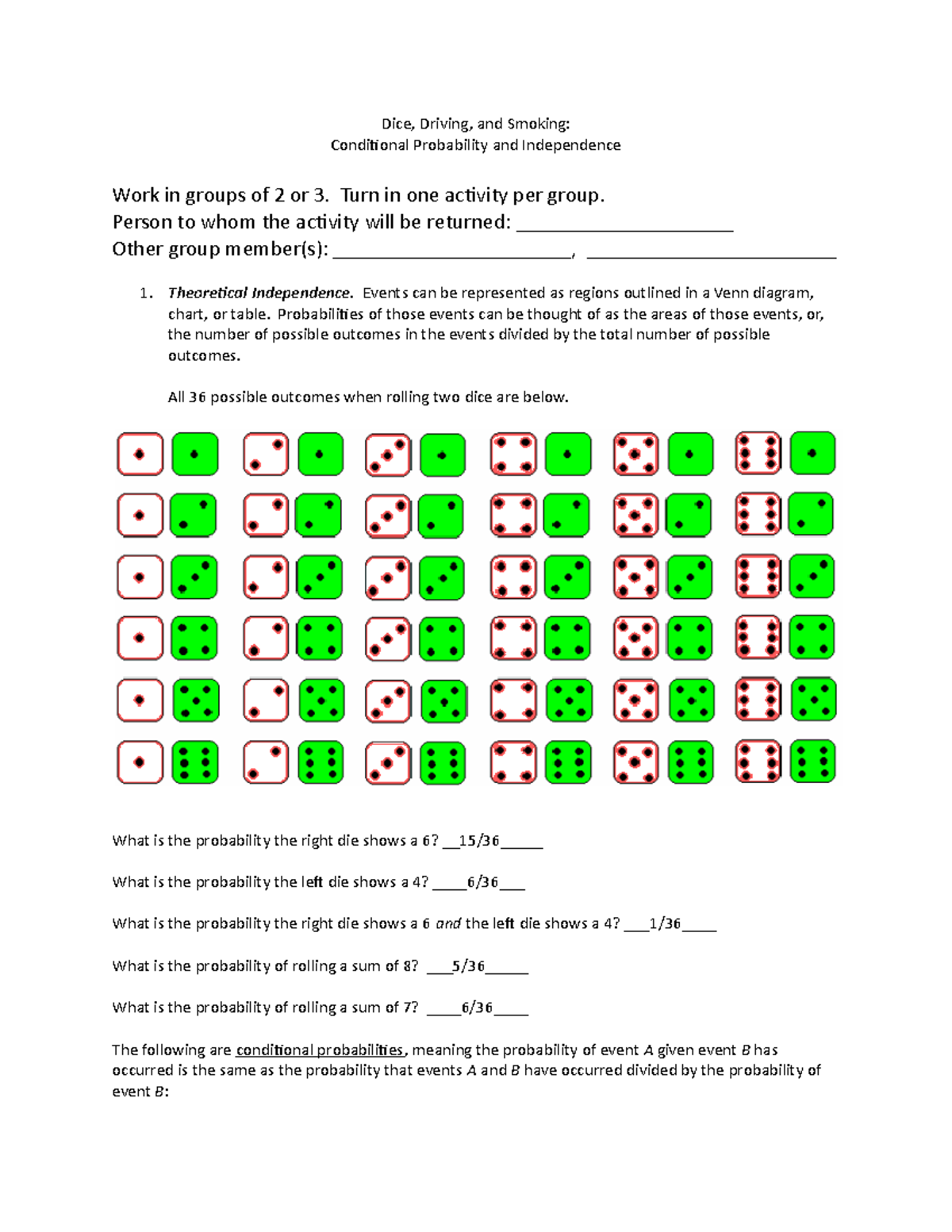 Dice, Driving, and Smoking - Conditional Probability and ...