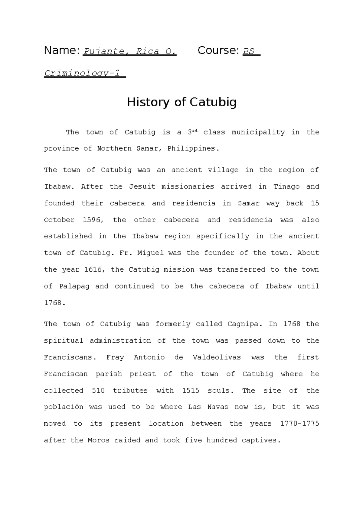 History of Catubig - Hope it help you guys. - Name: Pujante, Rica O ...