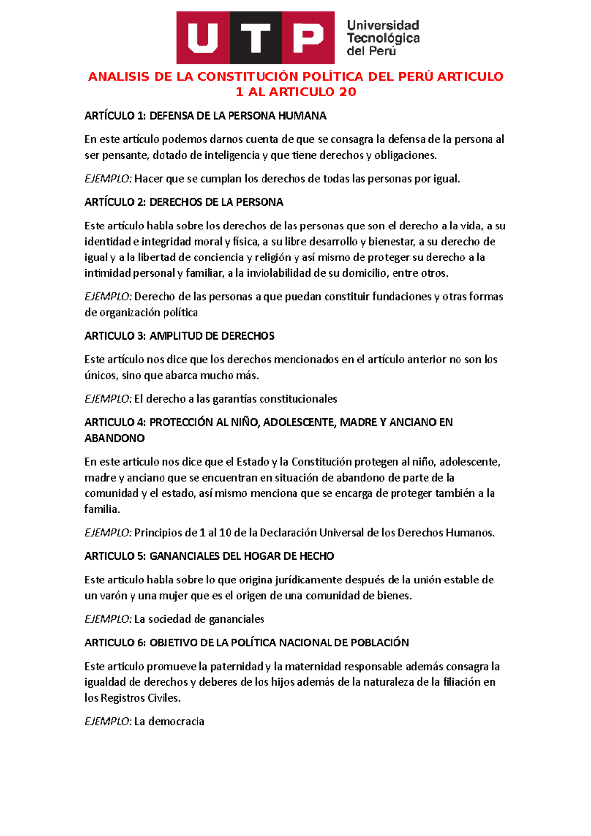 Analisis DE LA Constitución Política DEL PERÚ Articulo 1 AL Articulo 20 - ANALISIS DE LA - Studocu