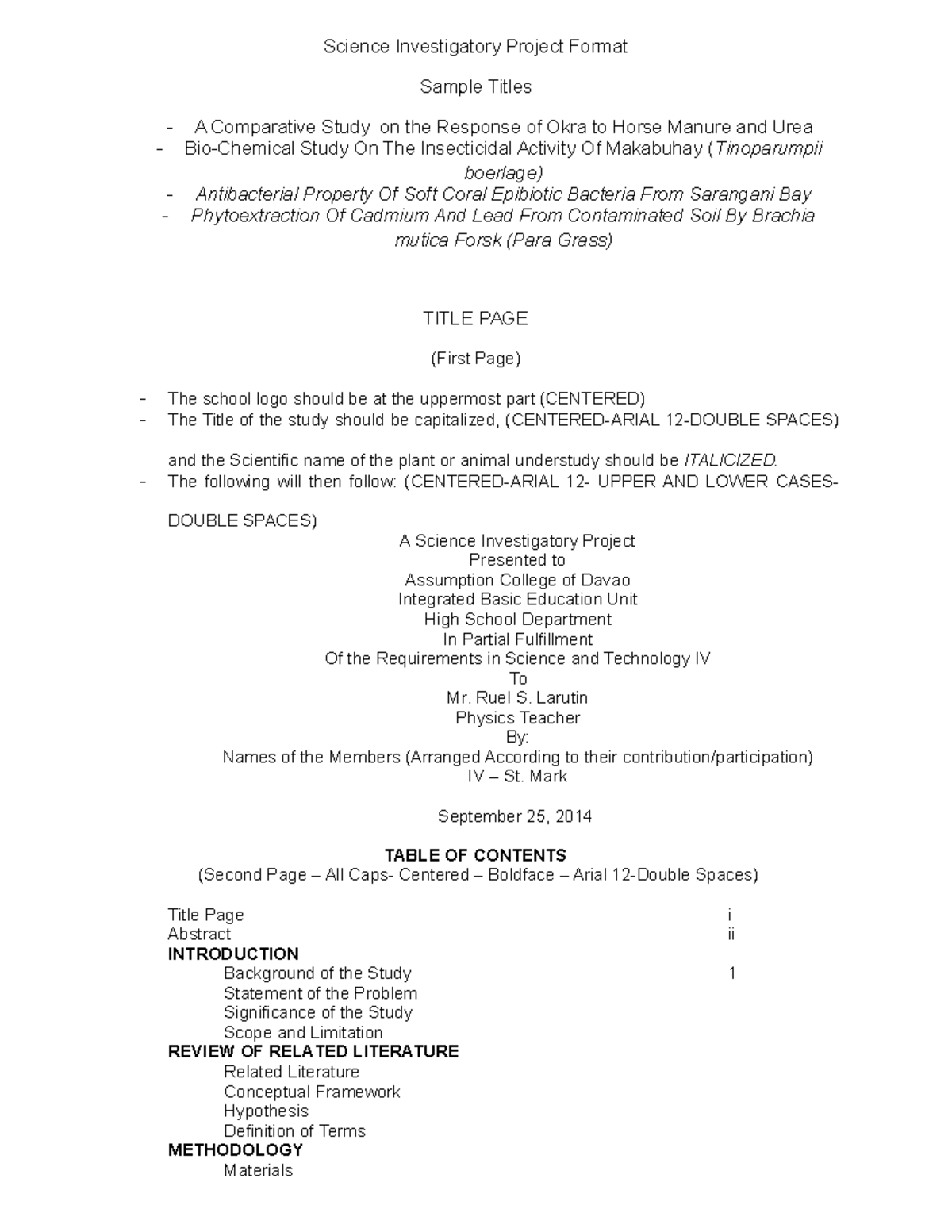 SIP-format - Science Investigatory Project Format Sample Titles A Comparative Study on the ...