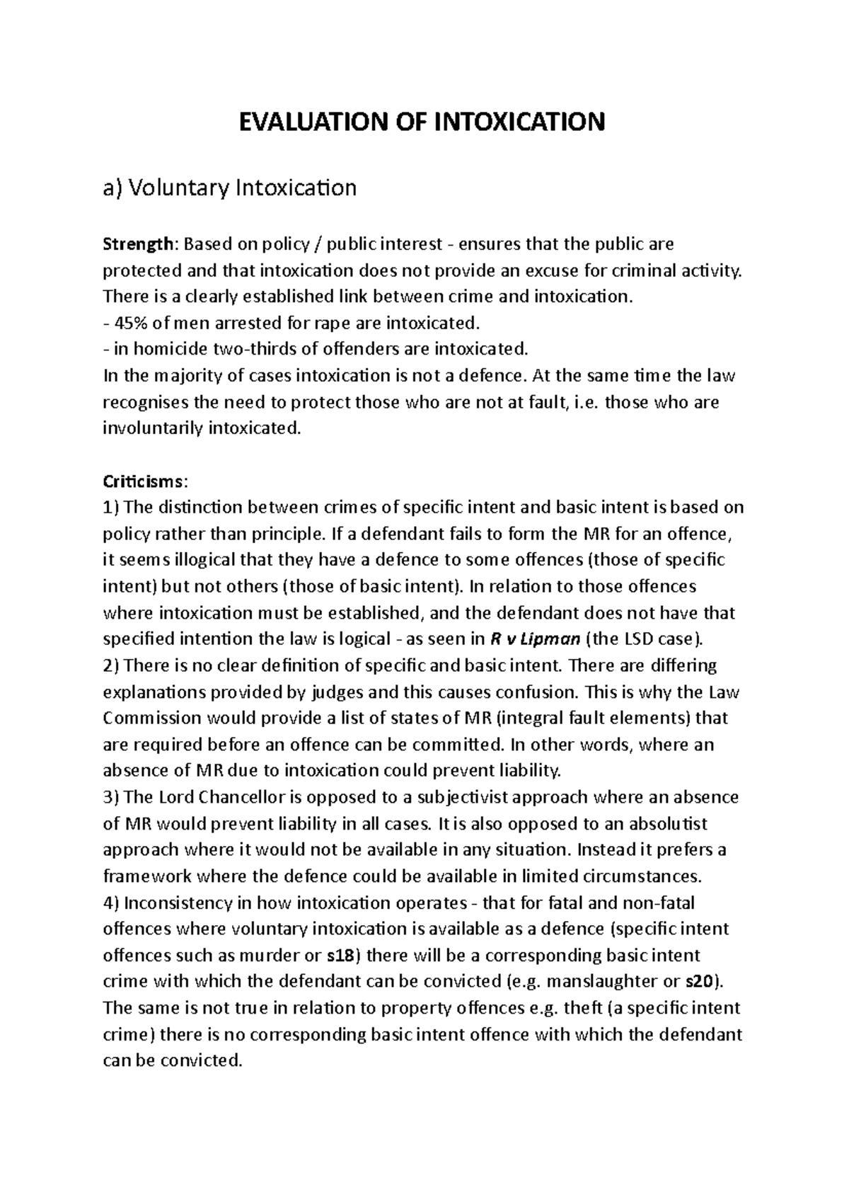 Evaluation of Intoxication - EVALUATION OF INTOXICATION a) Voluntary ...