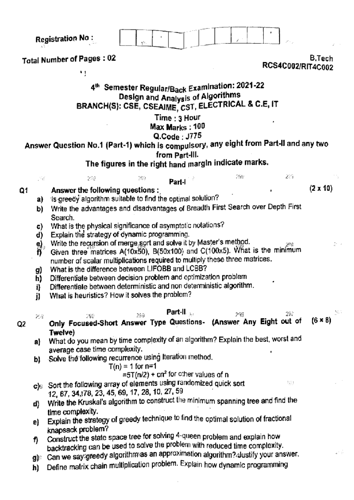 Btech 4 sem design and analysis and algorithms rcs4c002 2022 - Computer Science Engineering ...