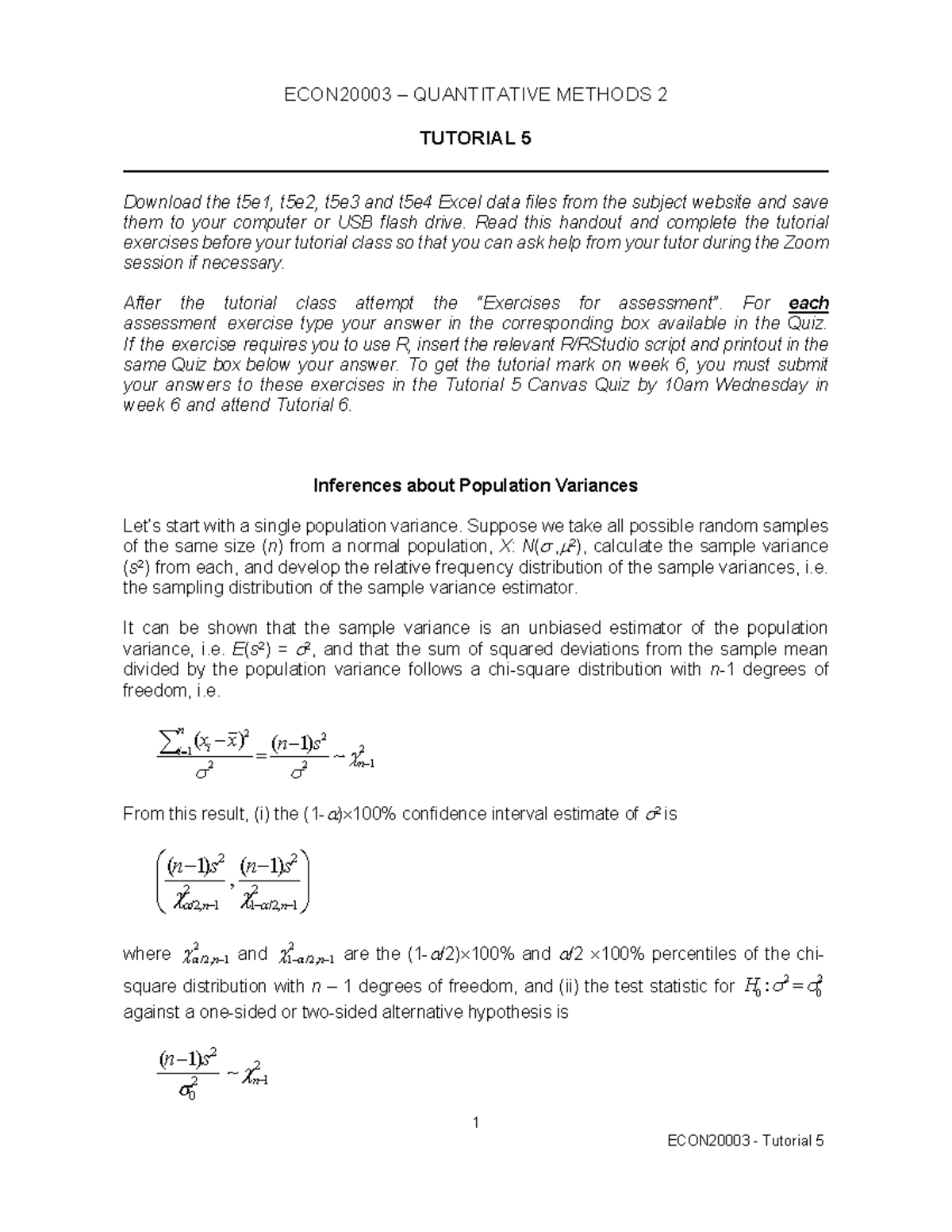 Tutorial 5 - 1 ECON20003 – QUANTITATIVE METHODS 2 TUTORIAL 5 Download ...