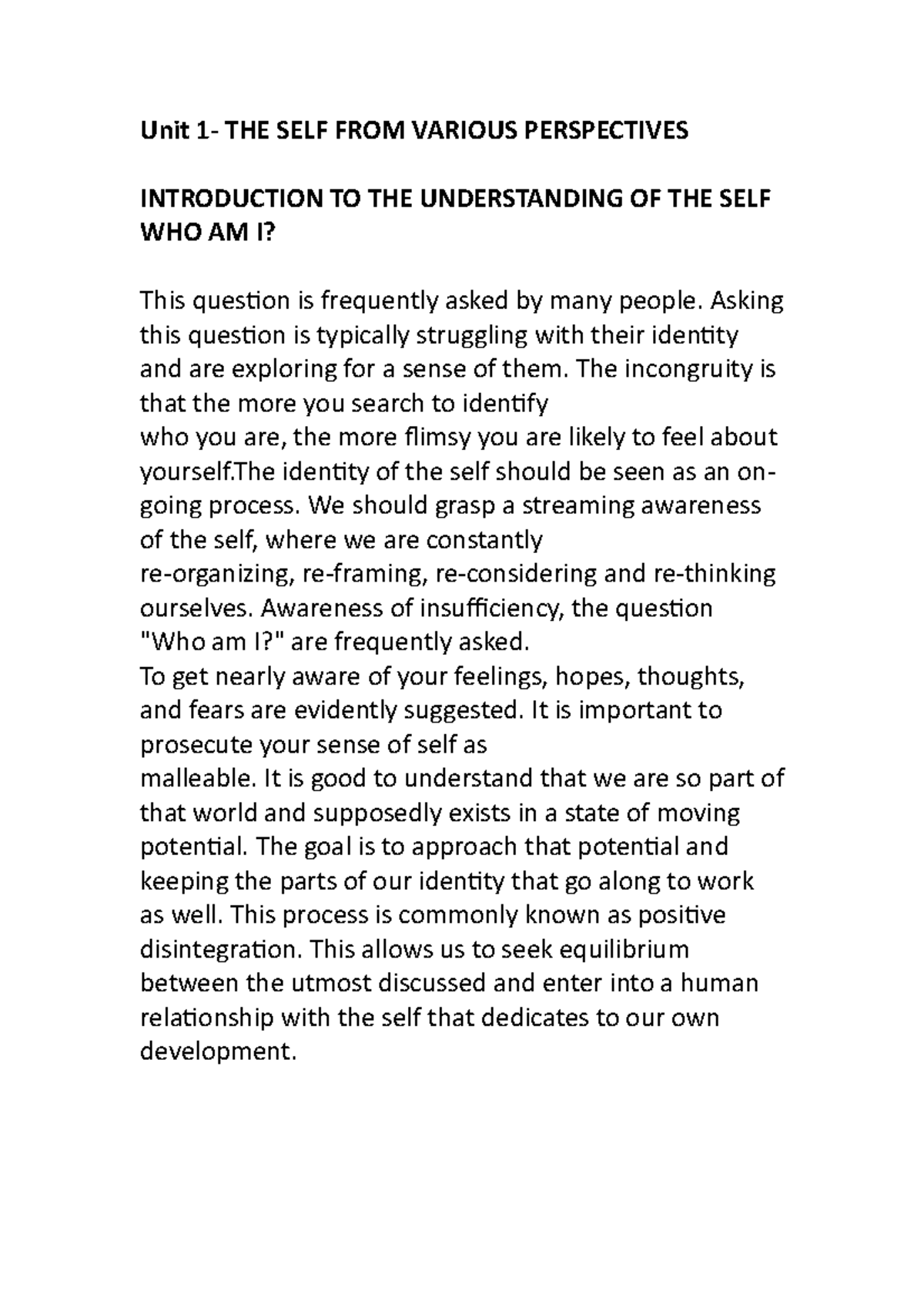 UTS UNIT 1 - UNIT 1 - Unit 1- THE SELF FROM VARIOUS PERSPECTIVES ...