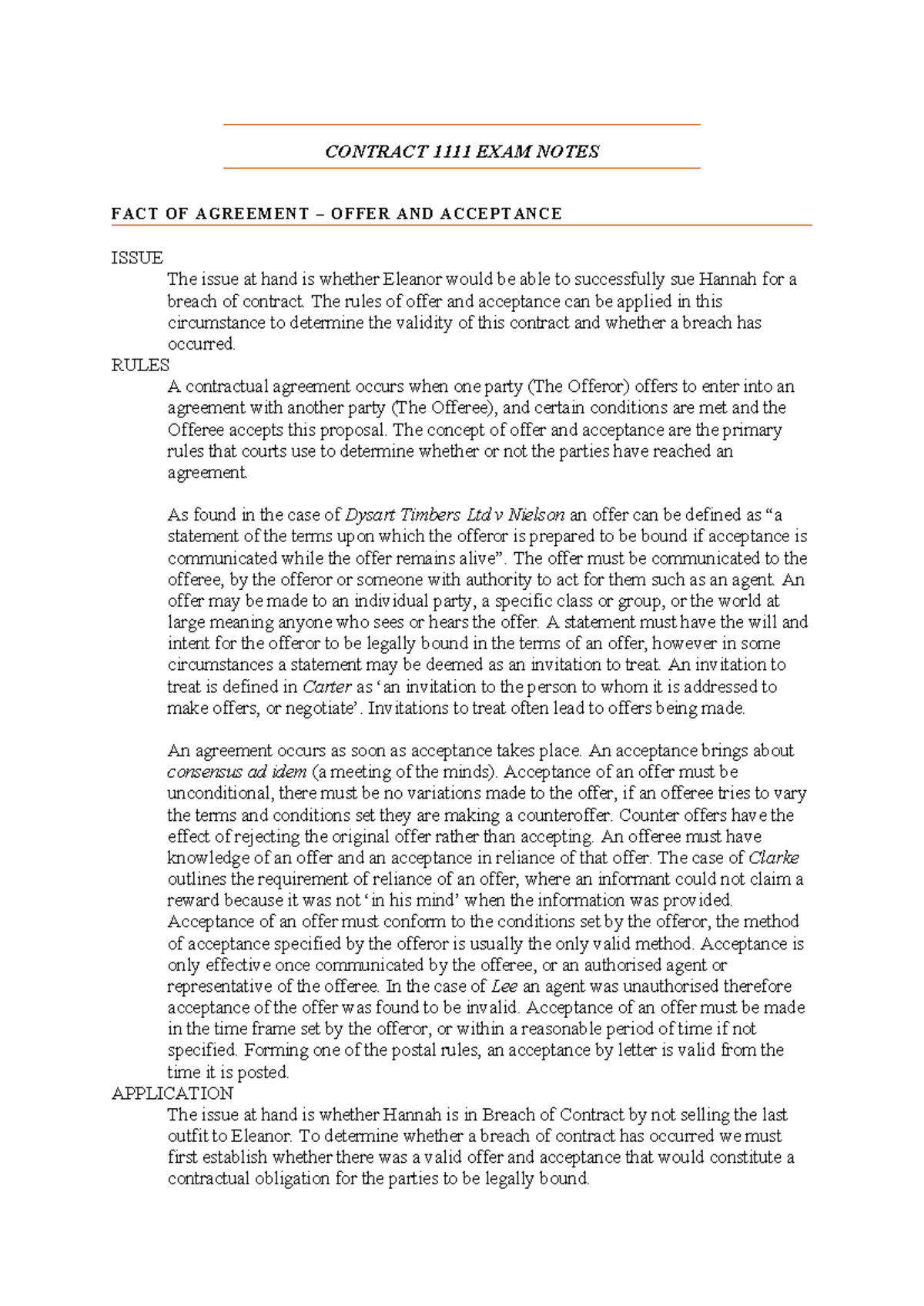 Contract 1111 Exam Notes - CONTRACT 1111 EXAM NOTES FACT O F AG REE ME ...