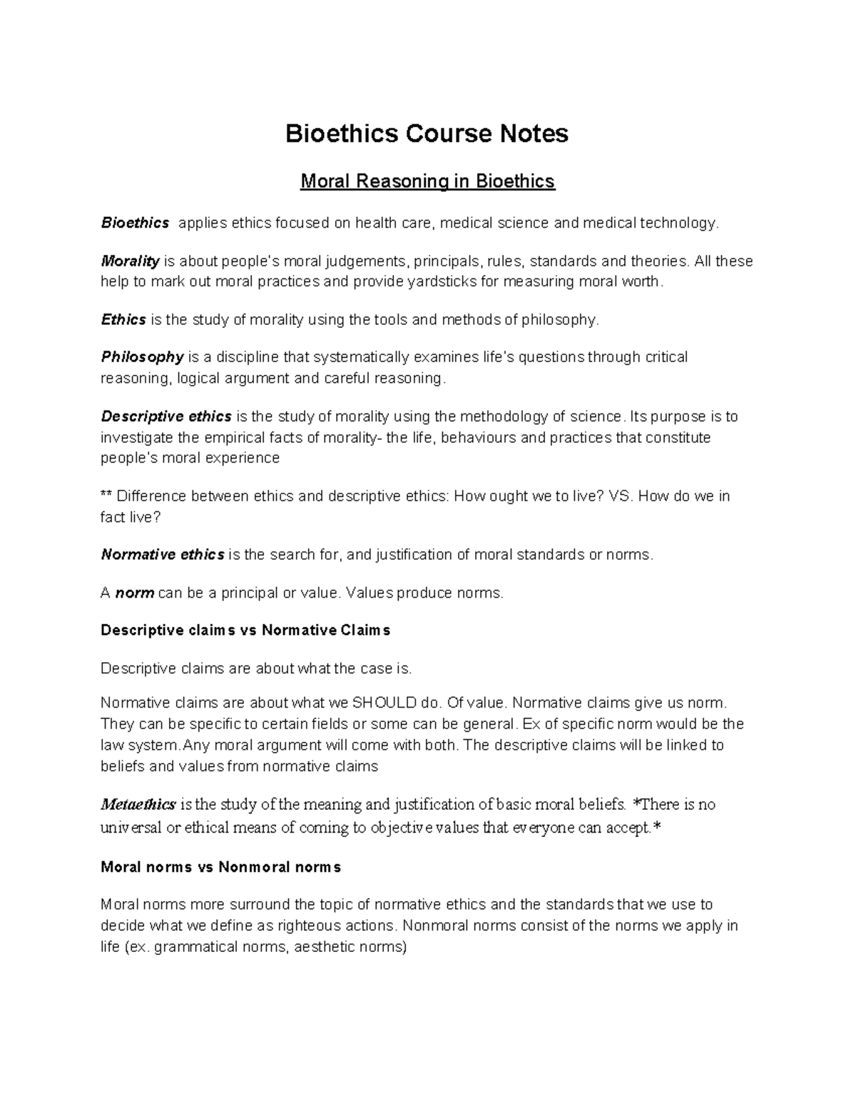 Bioethics Notes - lecture 1 - Bioethics Course Notes Moral Reasoning in ...