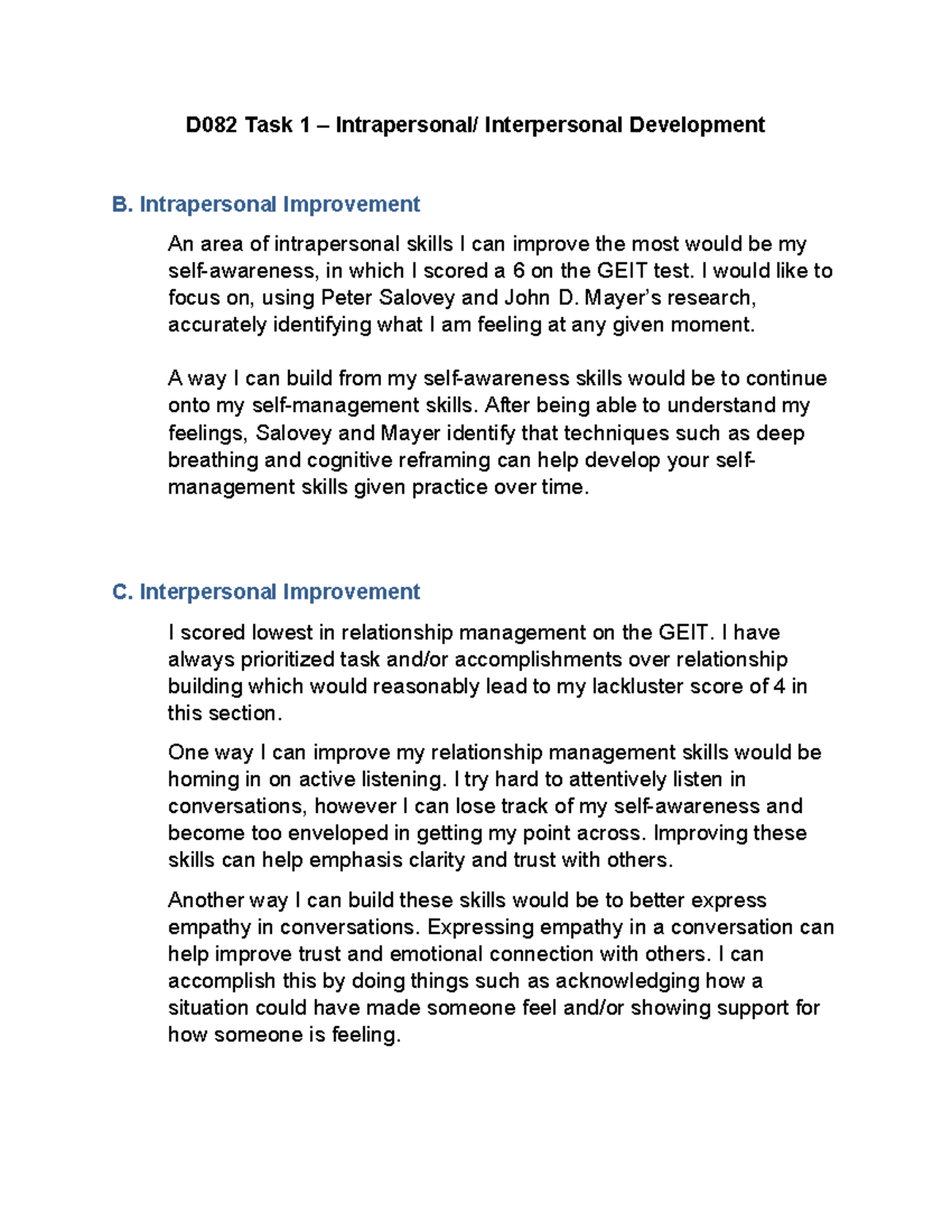Task 1 Intrapersonal and Interpersonal Development - D082 Task 1 ...
