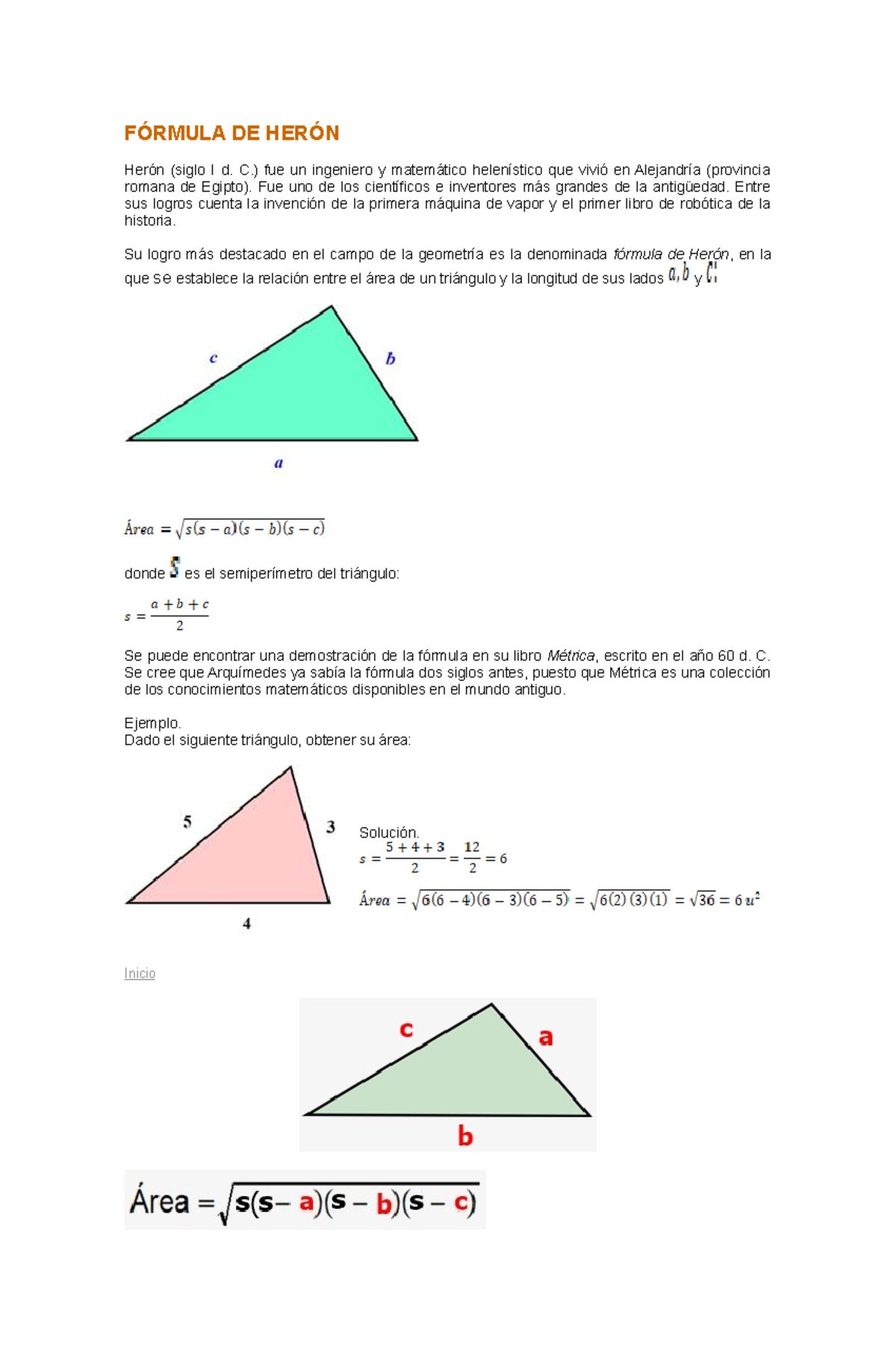Fórmula DE Herón Tarea DE Silvi - FÓRMULA DE HERÓN Herón (siglo I d. C ...