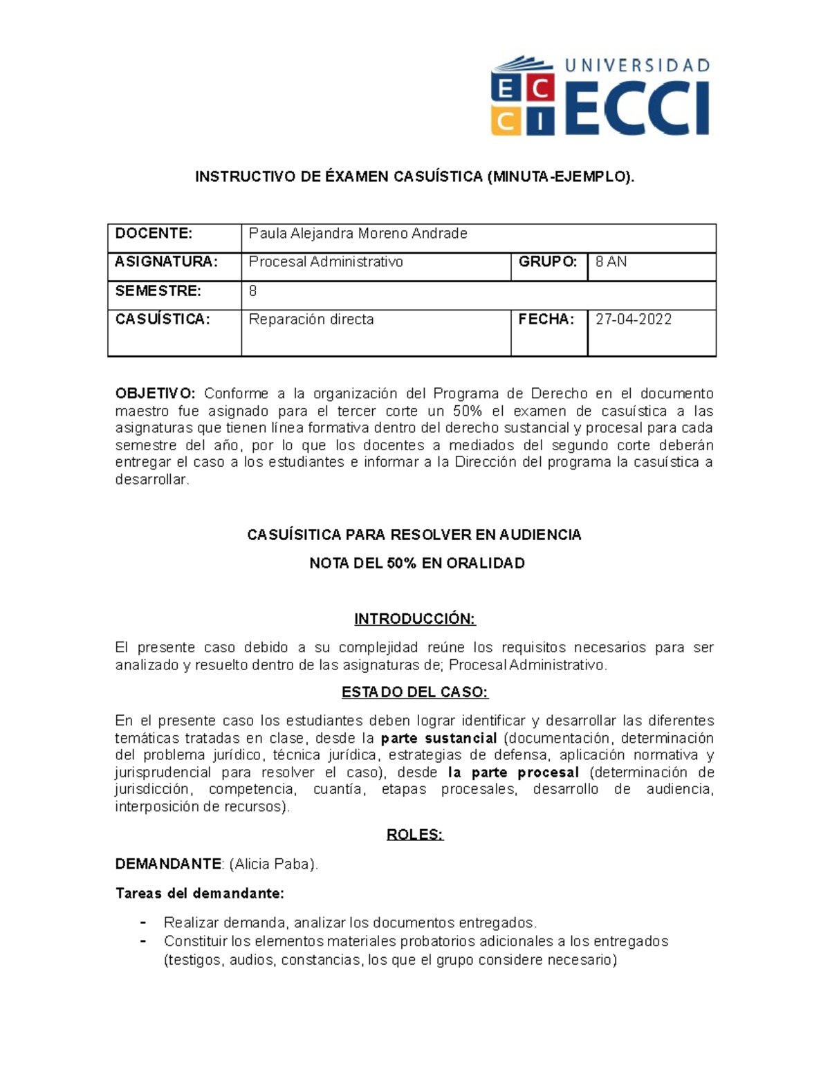 1- Casuistica alicia-aleja - INSTRUCTIVO DE ÉXAMEN CASUÍSTICA (MINUTA ...