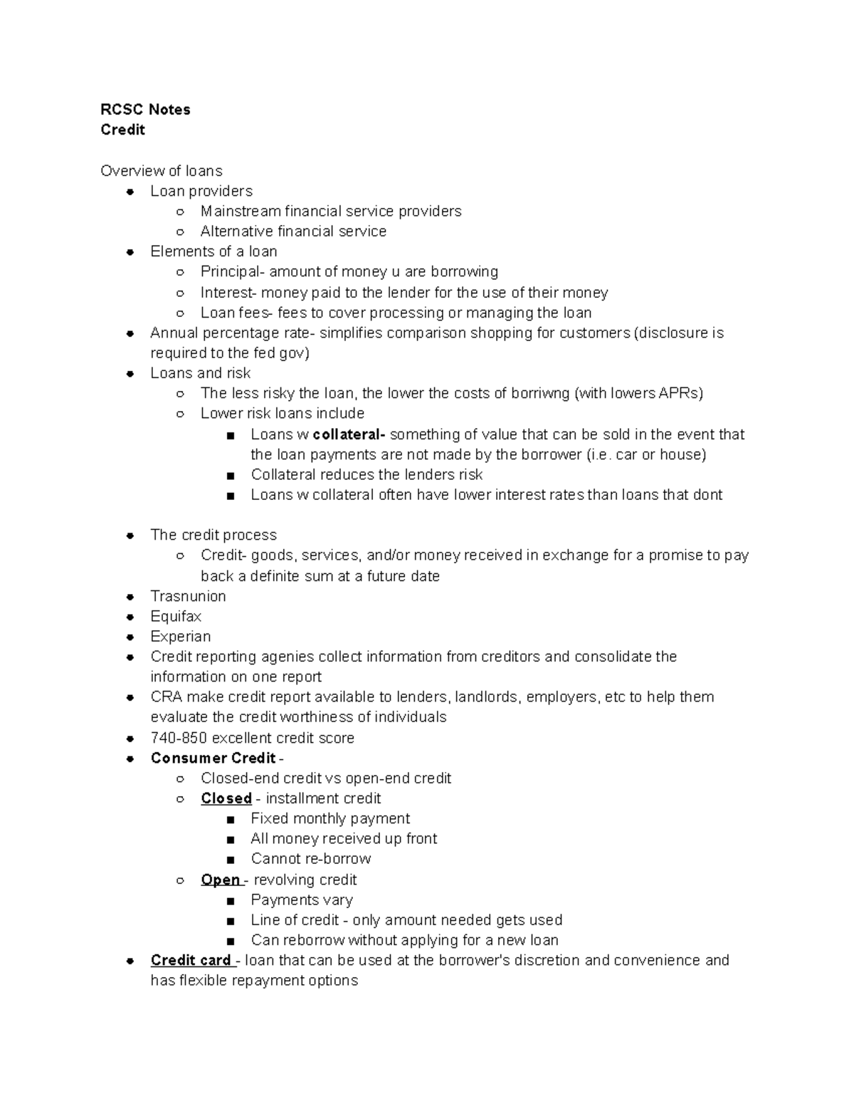 FCSC 150 Notes In-class - RCSC Notes Credit Overview of loans Loan ...