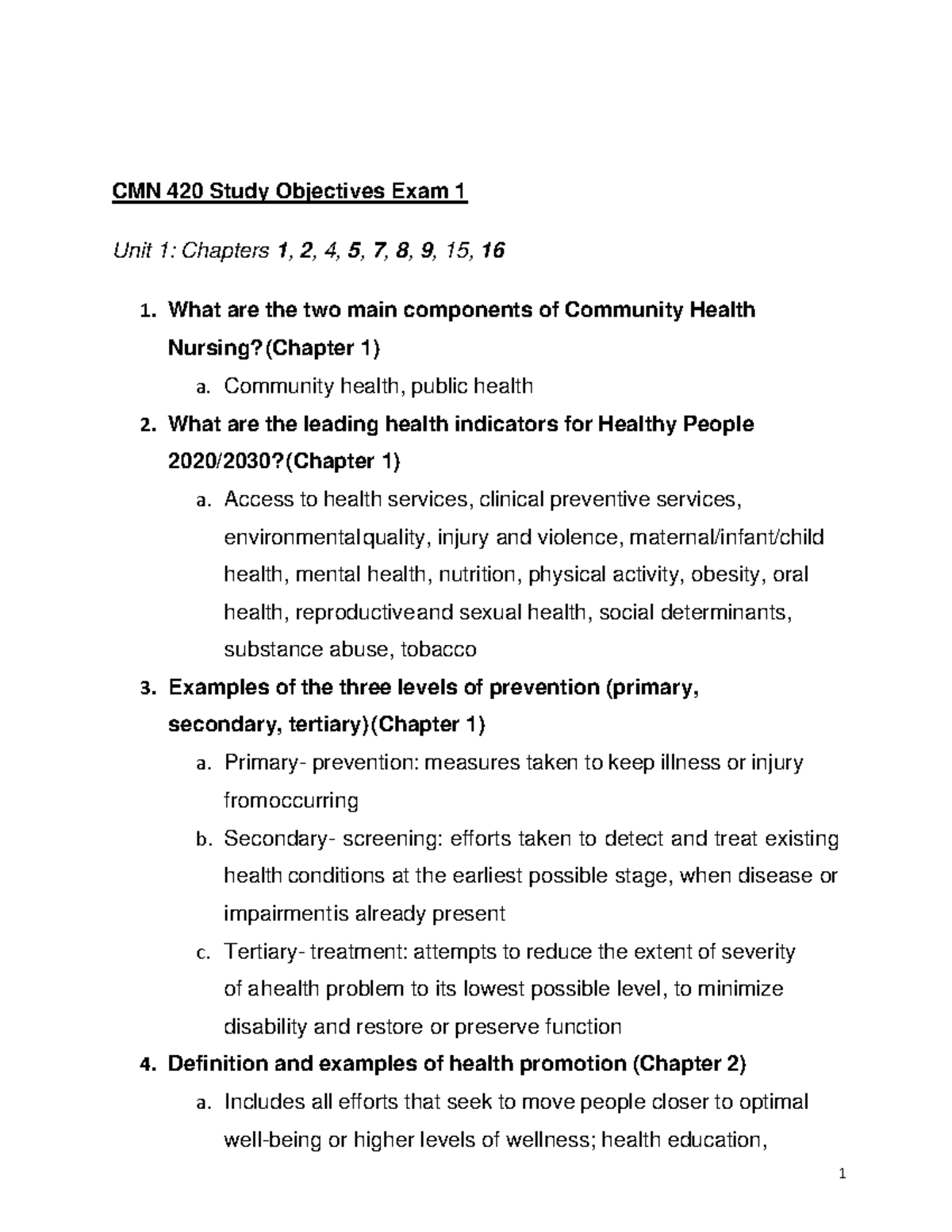 Nursing Study Guide Objectives Exam 1 - CMN 420 Study Objectives Exam 1 Unit 1: Chapters 1 , 2 ...