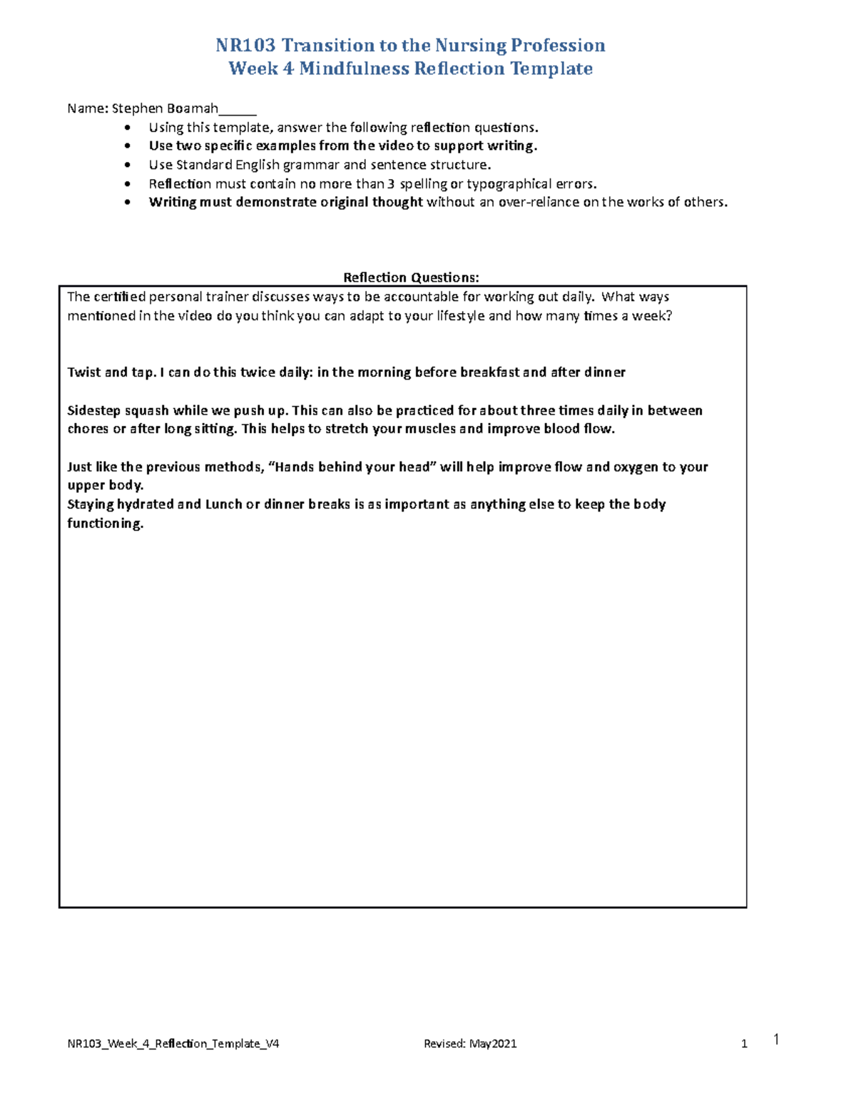 NR103 Week4 Reflection Template May2021 - NR103 Transition to the ...