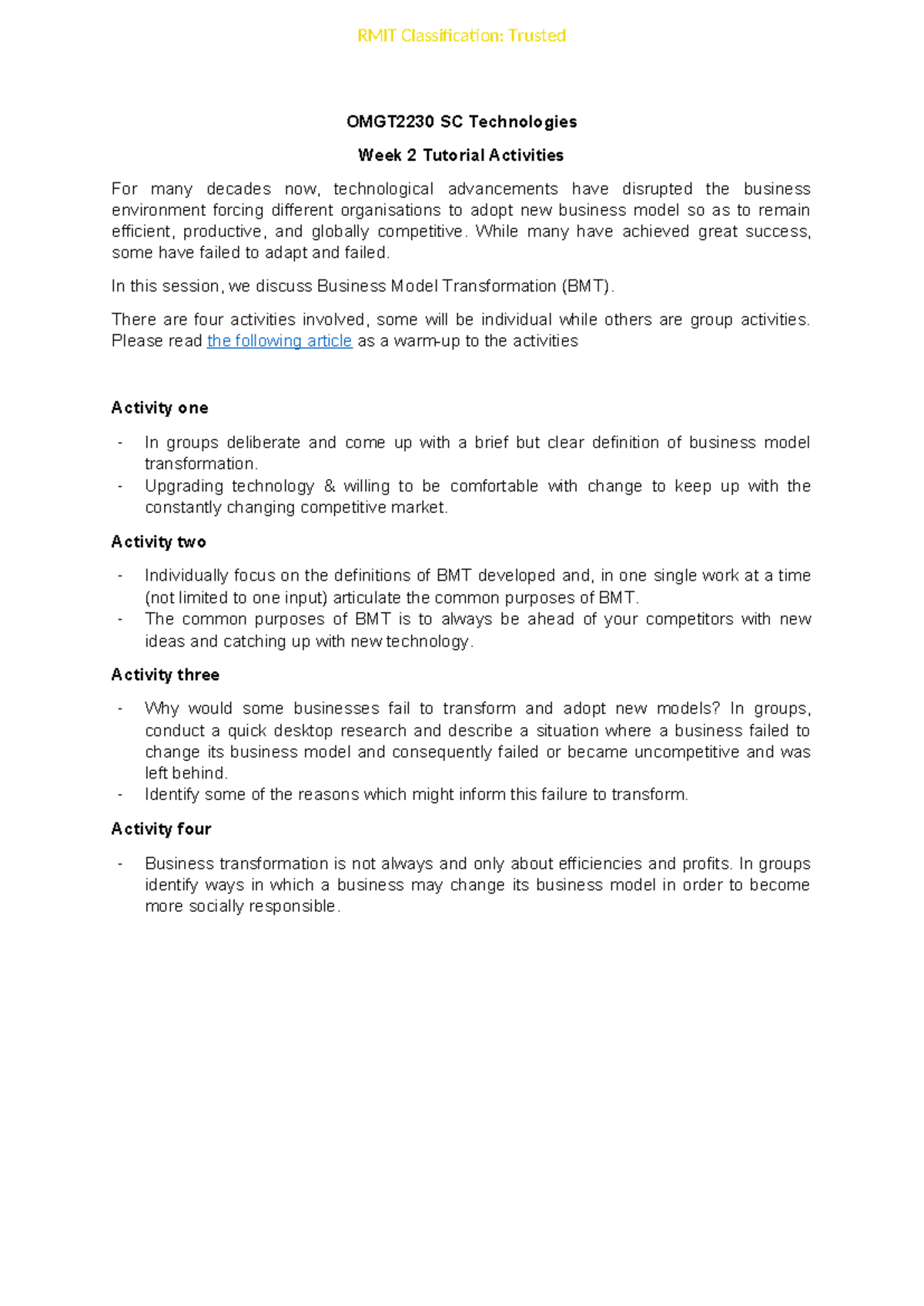 Week 2 Tutorial Rmit Classification Trusted Omgt2230 Sc Technologies Week 2 Tutorial