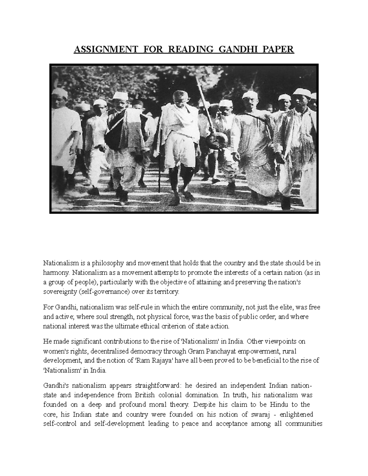 What was Mahatma Gandhi's views on nationalism - ASSIGNMENT FOR READING ...