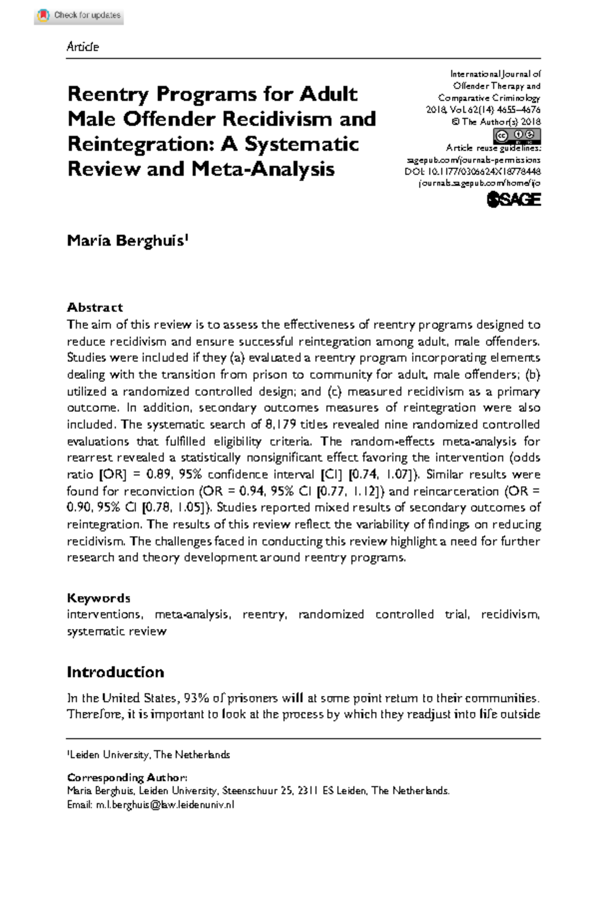 Berghuis 2018 reentry programs for adult male offender recidivism and ...
