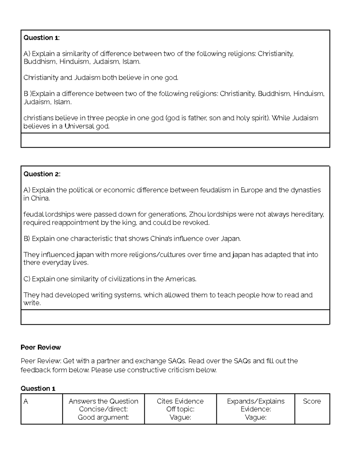 Copy of Unit 1 SAQ Practice - Question 1: A) Explain a similarity of ...