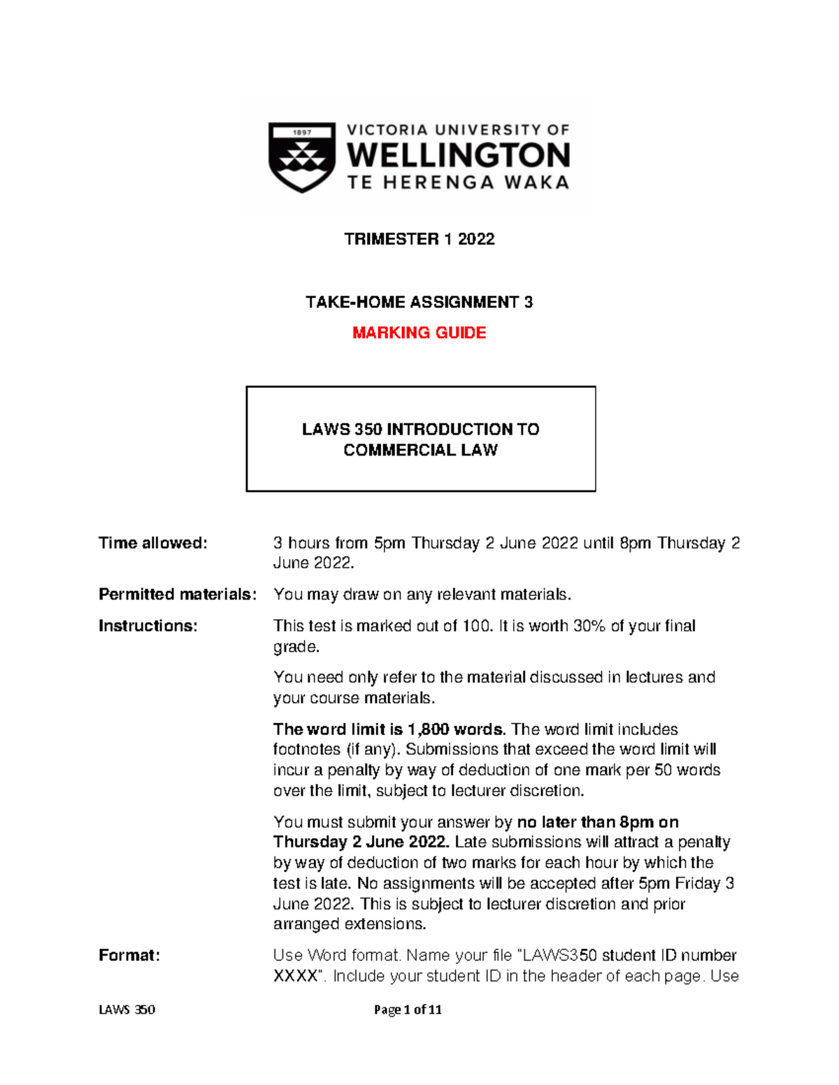 Assignment 3 LAWS 350 2022 Marking Guide - TRIMESTER 1 2022 TAKE-HOME ...