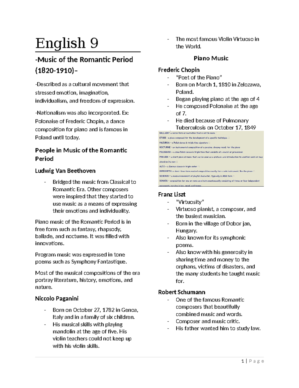 Mapeh 9 - Q3 - Review well - English 9 -Music of the Romantic Period (1820-1910)– -Described as ...