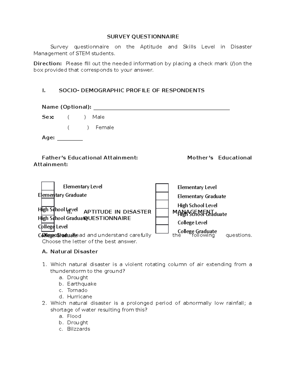 Survey- Questionnaire-DRRR - SURVEY QUESTIONNAIRE Survey questionnaire ...