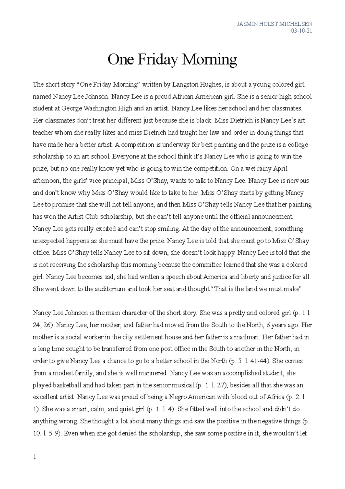 One Friday Morning Summarise the story Characterise Nancy Lee Comment ...