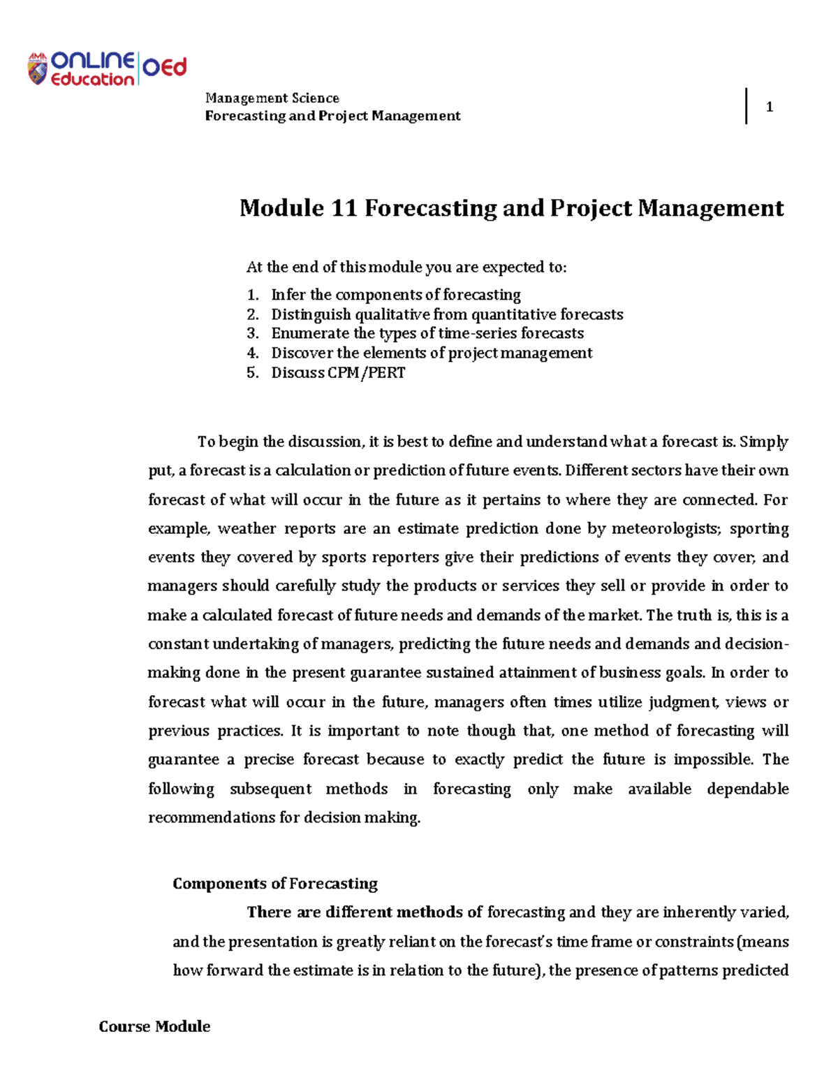 Module 11 - Lecture notes 2 - Forecasting and Project Management 1 ...