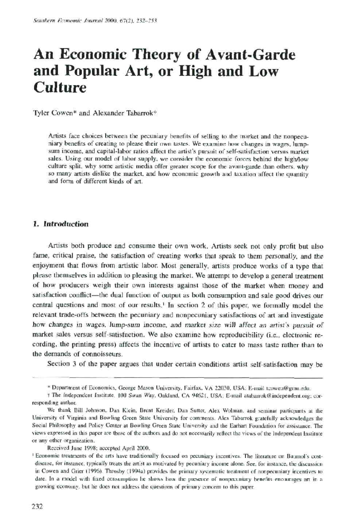 An Economic Theory of Avant Gar - Southern Economic Journal 67(2). An ...