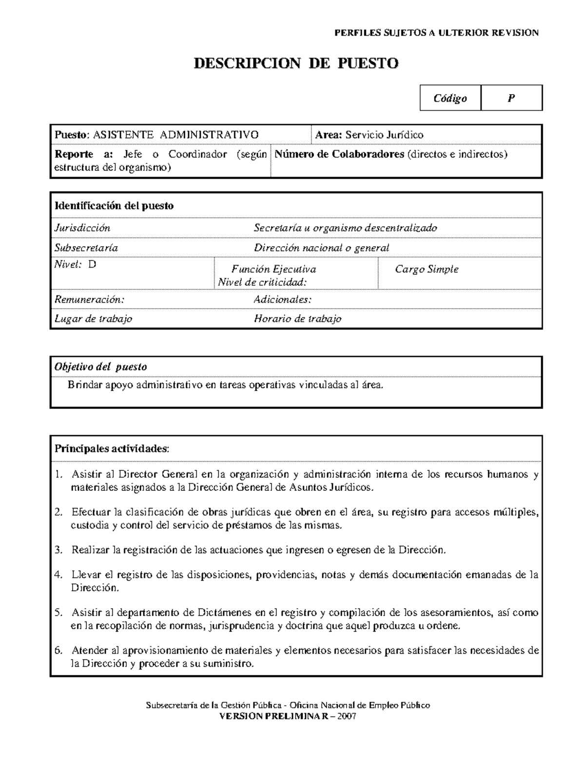 Ejemplo de descripcion de puestos - asistente administrativo - PERFILES SUJETOS A ULTERIOR ...