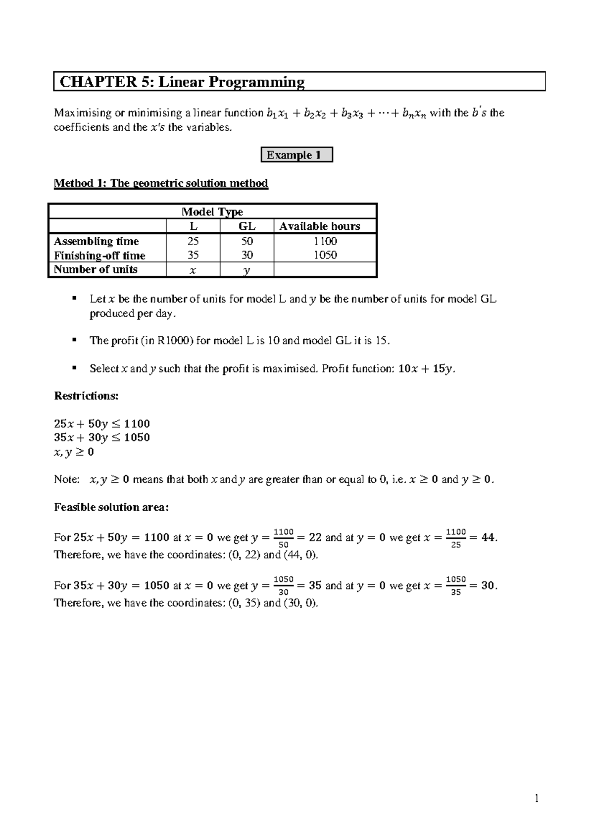 Linear Programming - styf todo - CHAPTER 5: Linear Programming Maximising or minimising a linear ...