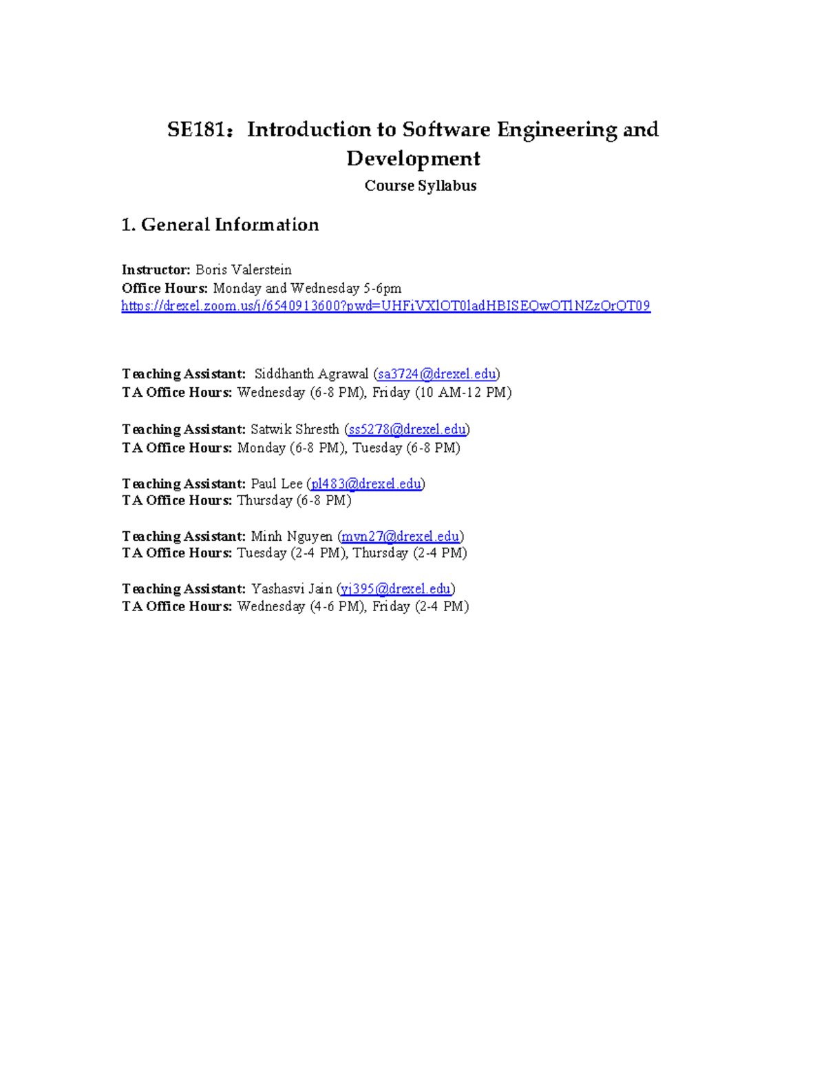 Syllabus SE 181 FA22 Boris - SE181：Introduction to Software Engineering and Development Course ...